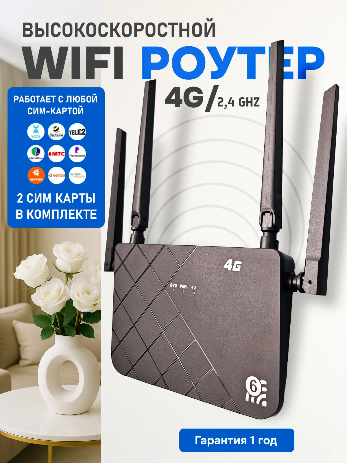 Роутер wifi с cим картой; 4 внешние антенны, поддержка сетей 4G высокоскоростной