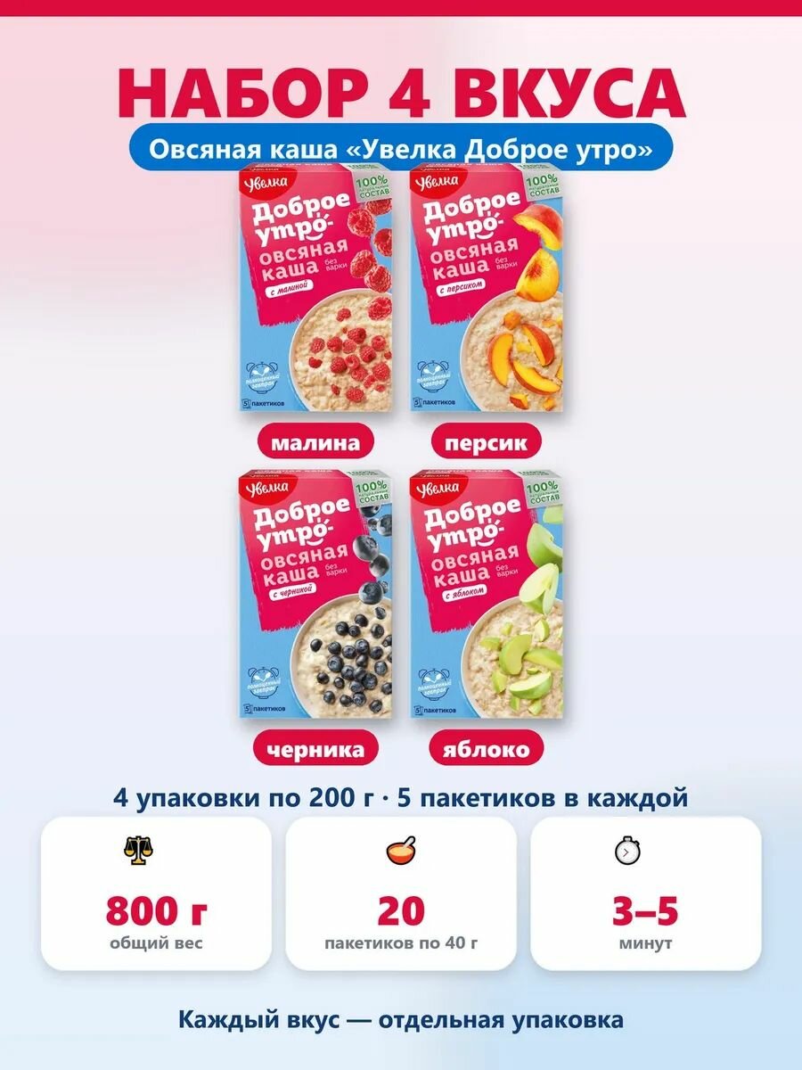 Овсяная каша быстрого приготовления Увелка Доброе утро, набор вкусов: малина, персик, черника, яблоко. 800 г, 20 пакетиков по 40 г. Сытный завтрак в дорогу и в офис.