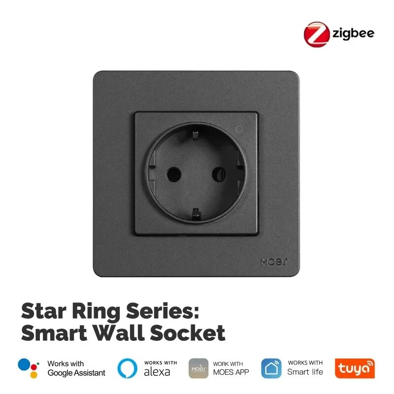 Умная настенная розетка MOES Tuya ZigBee (ЕС) со встроенным монитором энергопотребления, индикатором и дистанционным управлением через приложение, совместима с Alexa и Google Home