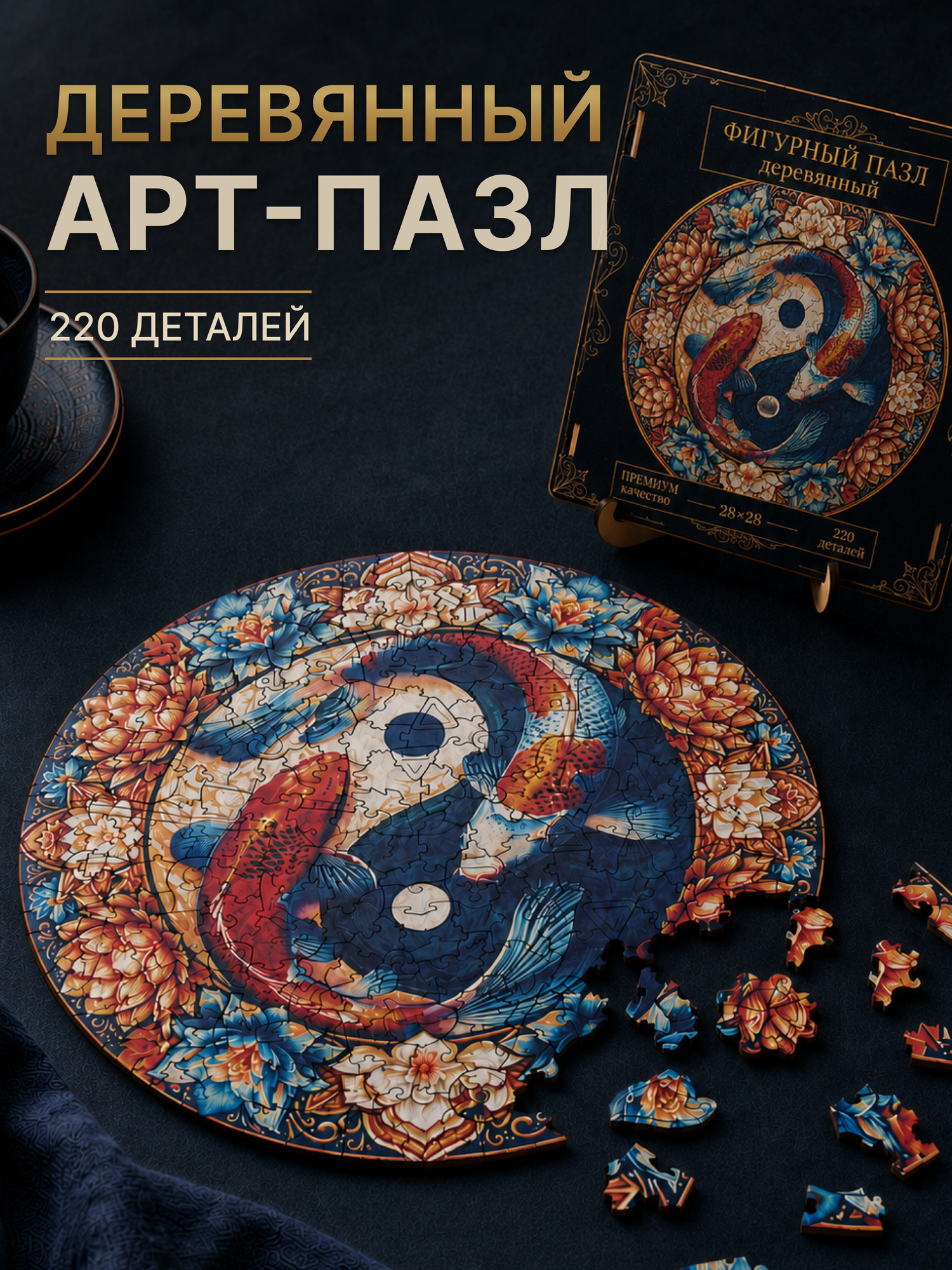 Деревянный пазл для взрослых «Мандала: Карпы Инь-Ян», круглый, 220 деталей
