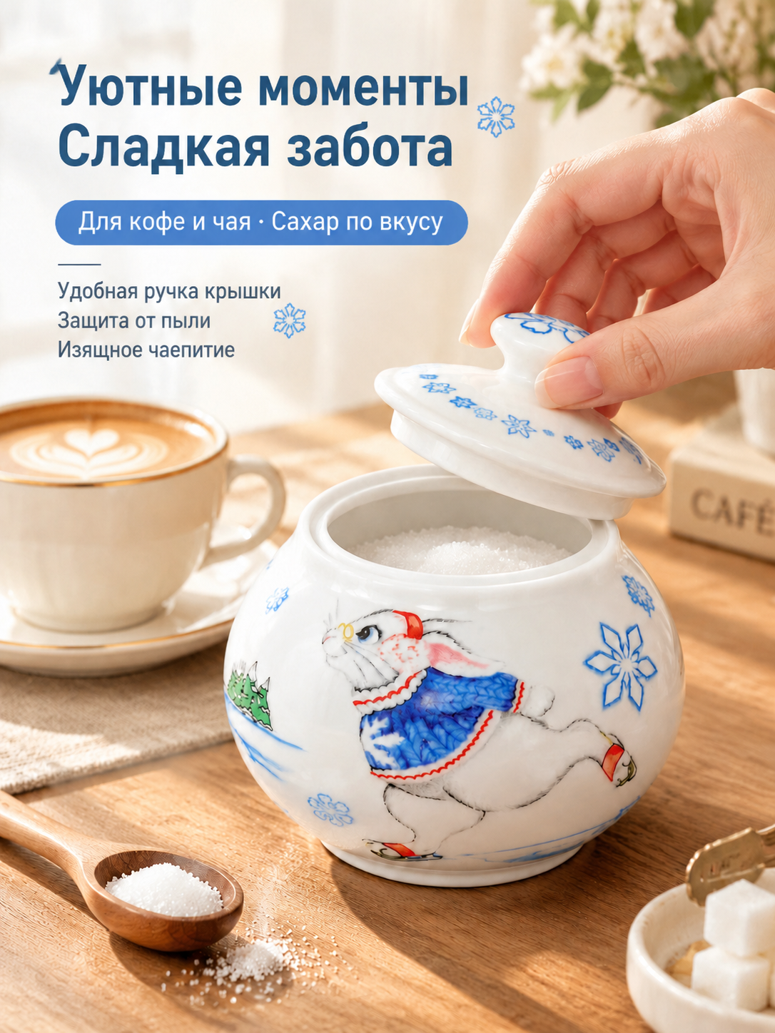 Фарфоровая банка с крышкой и ручной росписью, сюжет с бегущим зайцем в одежде и снежинками, декоративная сахарница, ёмкость для хранения чая, сахара, специй и мелочей