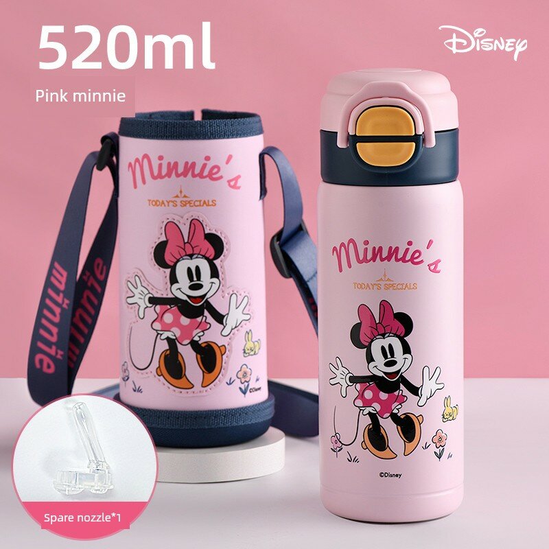 Disney Minnie Mouse Розовый 520 мл Нержавеющая сталь термокружка с соломкой и двойным отверстием, с чехлом-ремнем для
