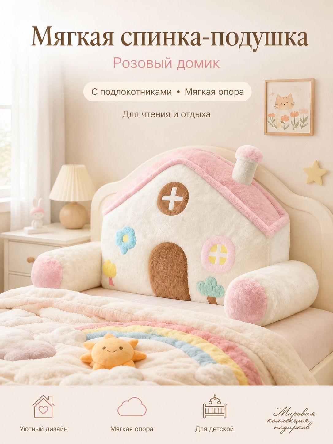 Мягкая спинка-подушка для кровати с подлокотниками, 90 45/110 55 см, съёмный чехол
