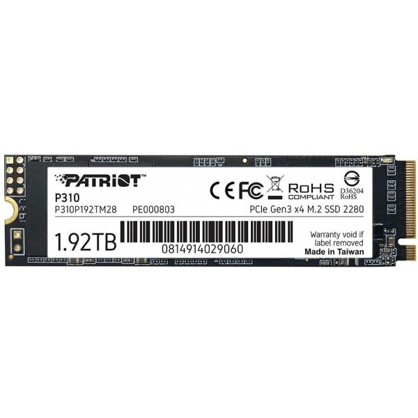 SSD накопитель Patriot P310 P310P192TM28 1.92ТБ, M.2 2280, PCIe 3.0 x4, NVMe, M.2