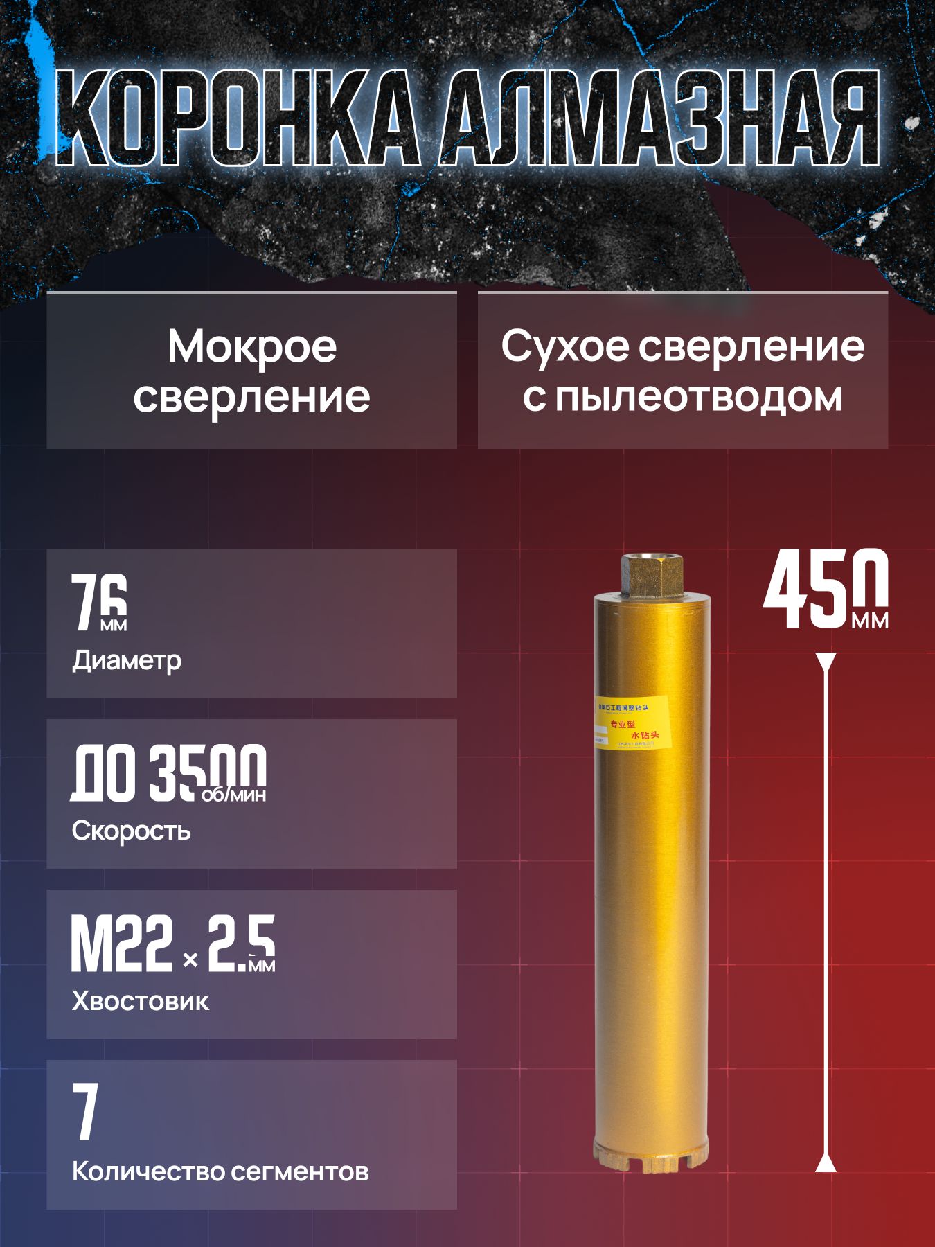 Коронка по бетону мокрого алмазного сверления 76х450мм