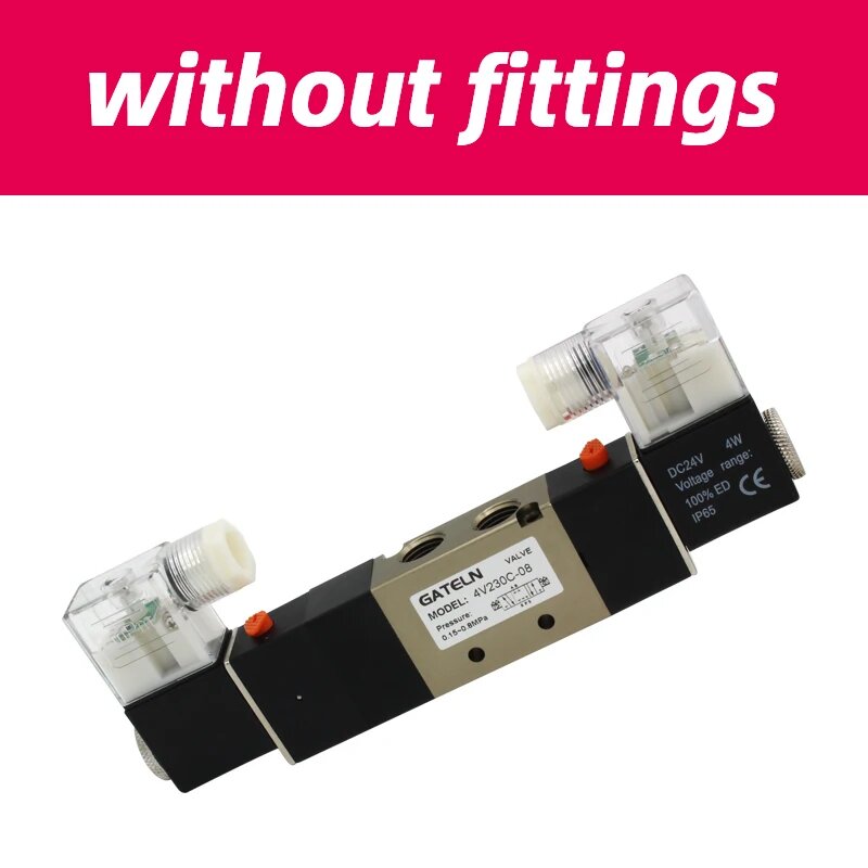 Пневматический клапан GATELN 5-ходовой 3-позиционный 1/4" DC12V 4V230P-08 DC24V, without fittings
