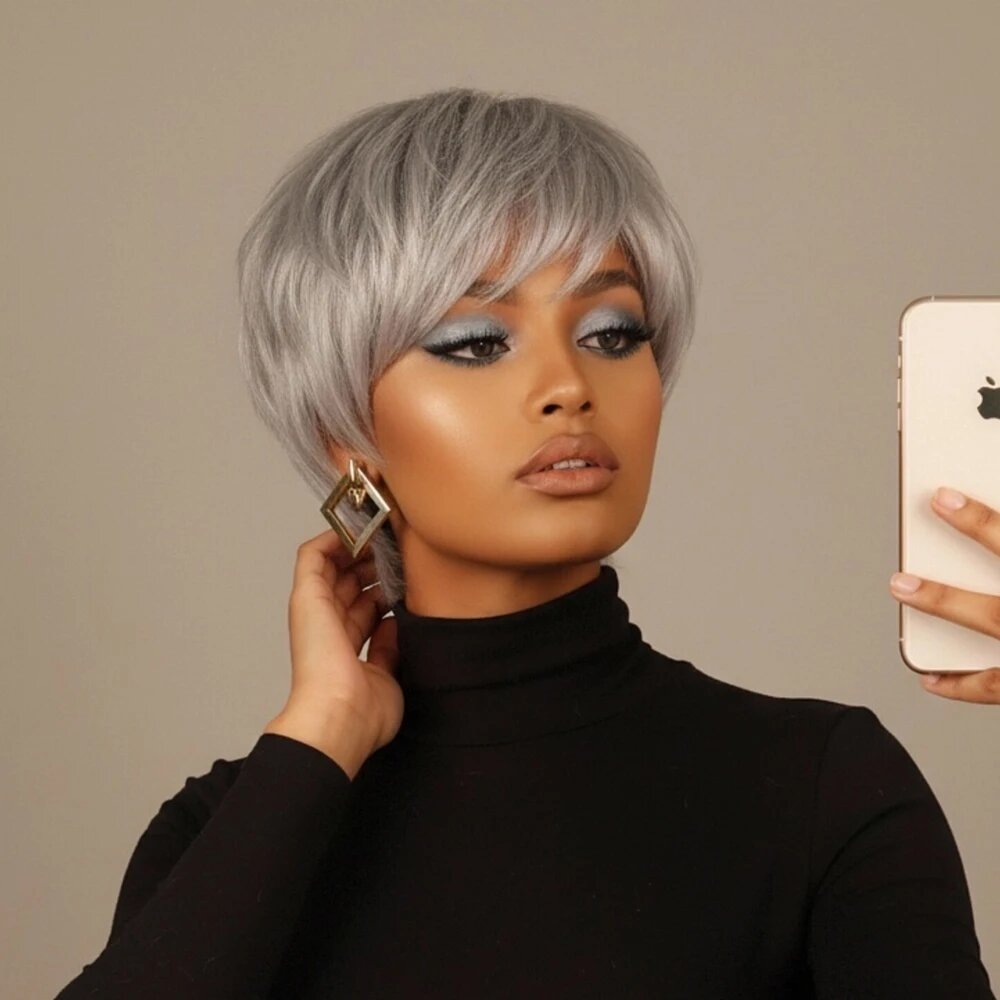 Короткий парик-пикси OYM HAIR серебристо-серый из натуральных волос