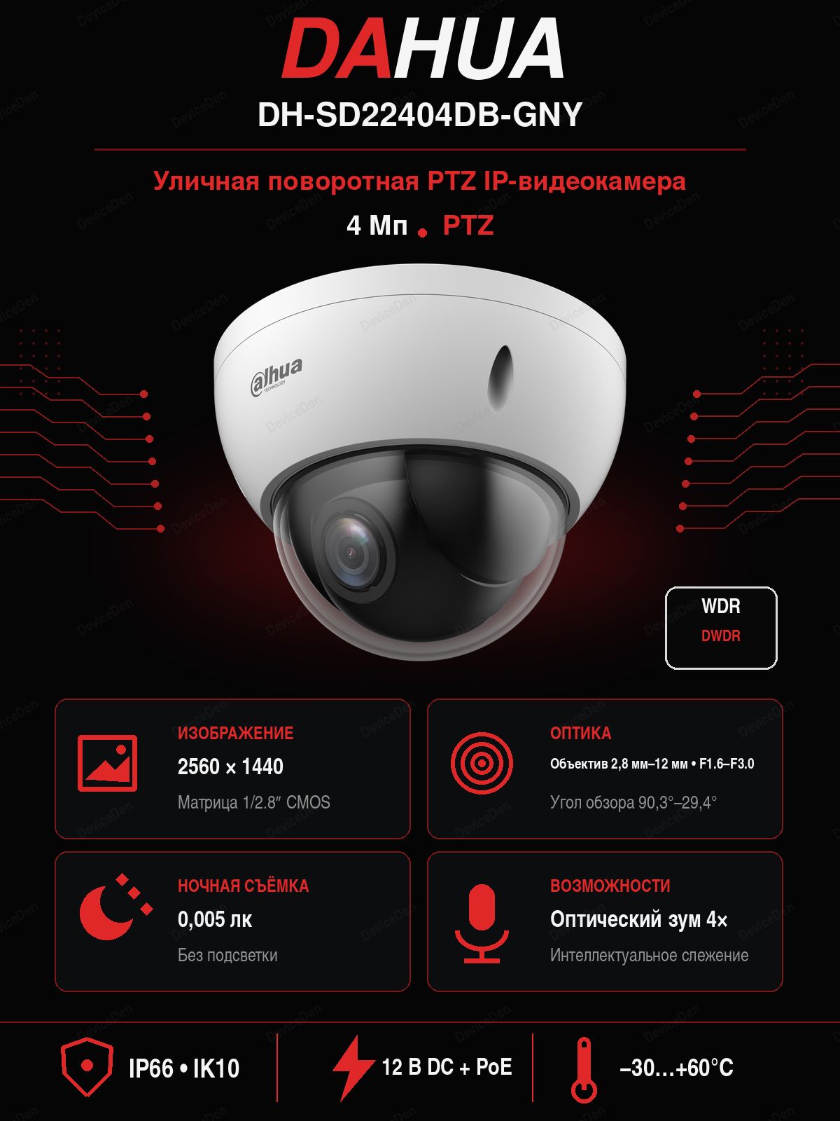 Dahua DH-SD22404DB-GNY - 4 Мп уличная поворотная PTZ IP-камера, объектив 2,8-12 мм, PoE