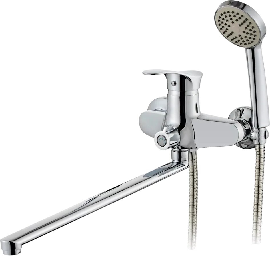 Смеситель для ванны с длинным изливом D-lin 405-2 D146405-2 с душевым гарнитуром, поворотный, металлический, хром, глянцевый, смеситель для ванны с душем, рычажный, с настенным держателем