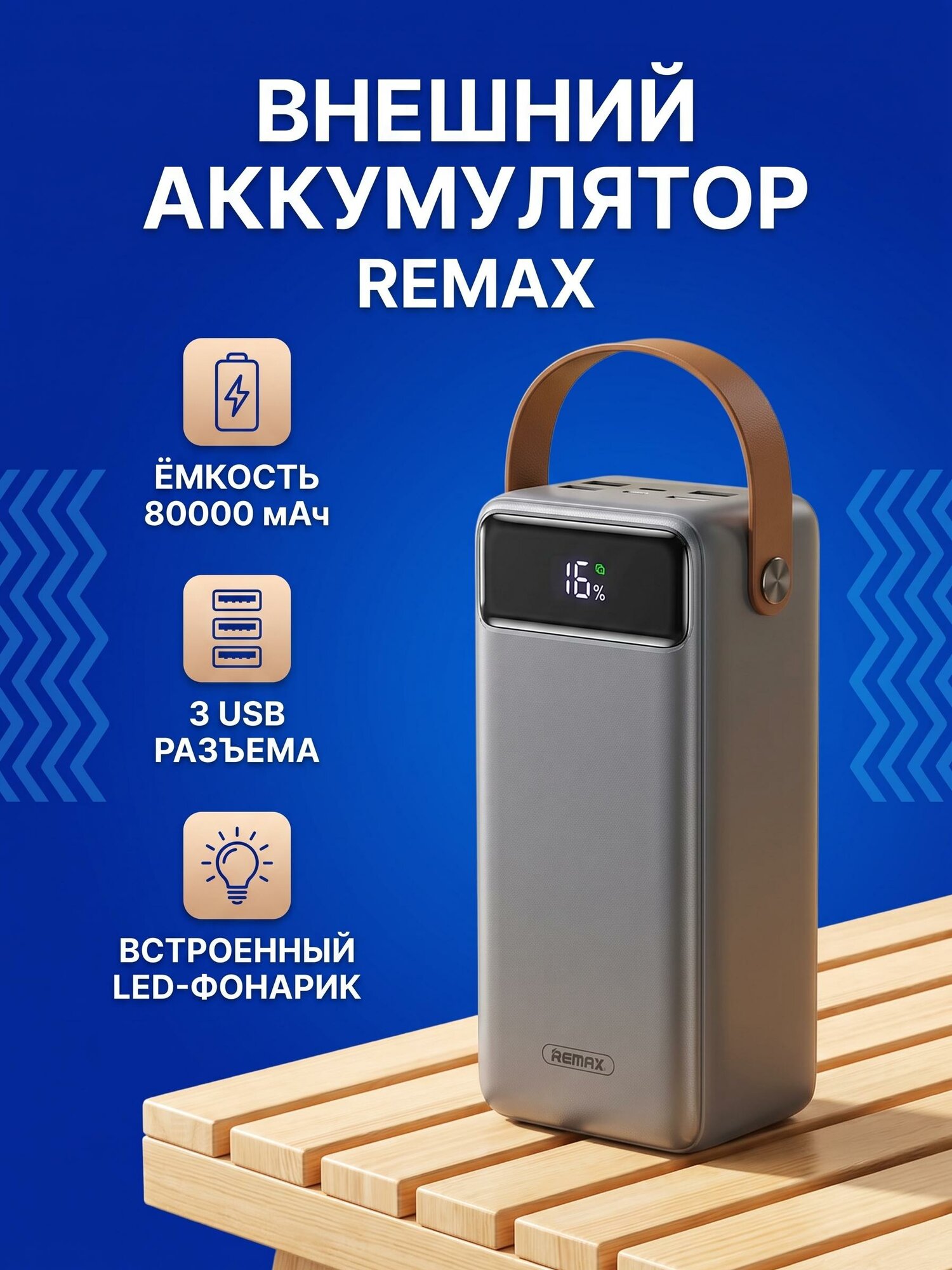 Внешний аккумулятор Remax RPP-118, 80000 mAh, 3 USB, LED-фонарик, белый