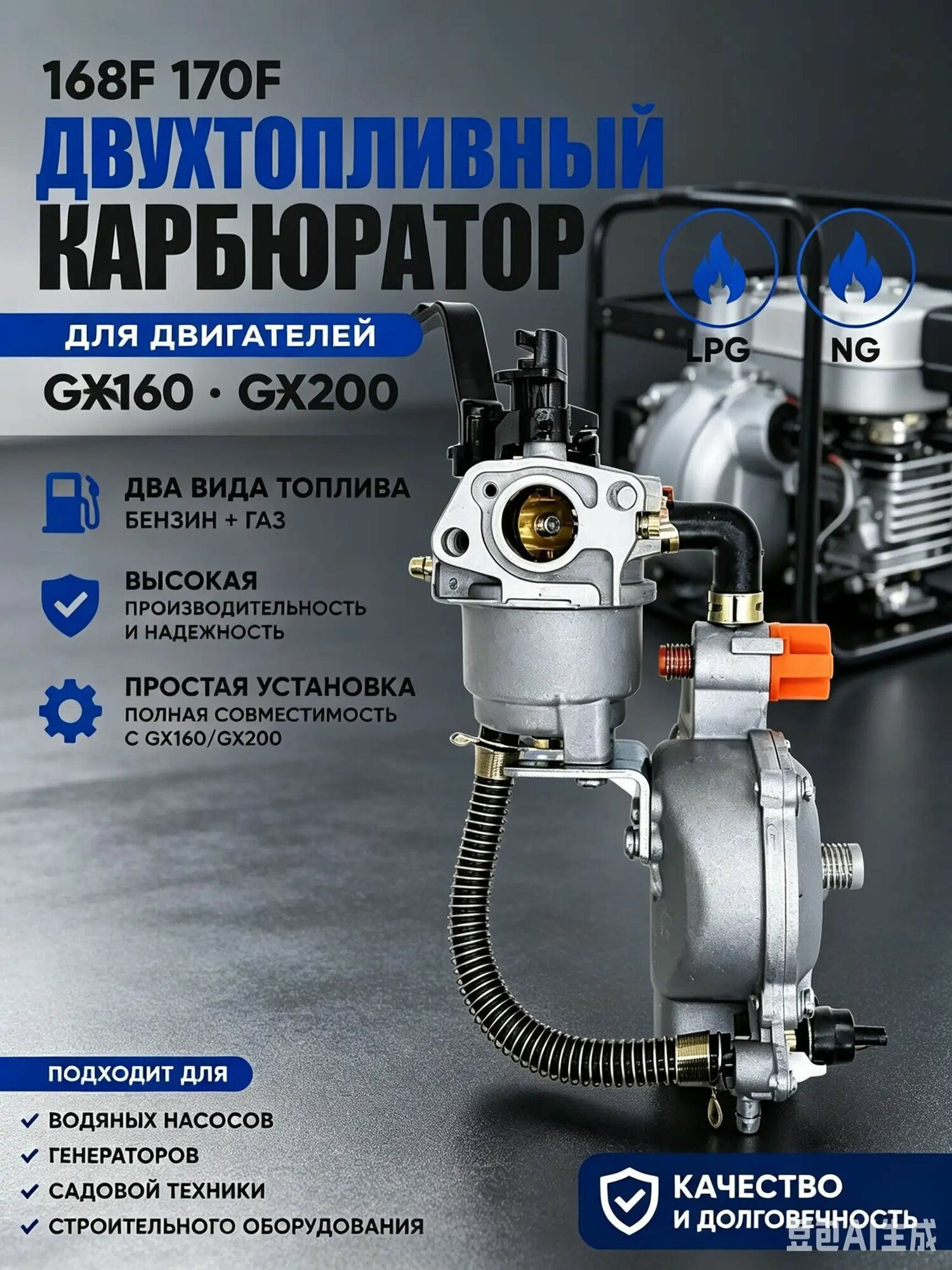 Карбюратор газ-бензин для генератора, электростанций. 3 кВт (168F/170F)