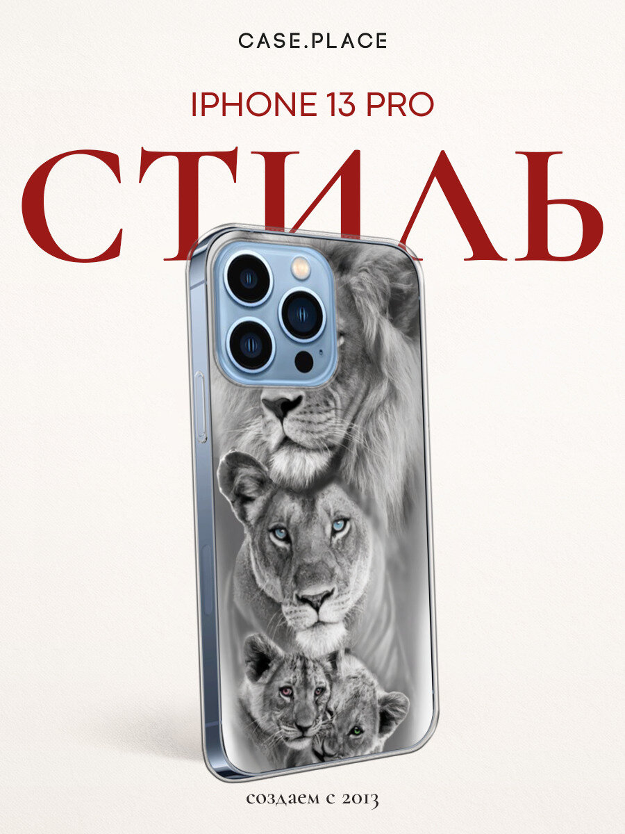 Чехол на Apple iPhone 13 Pro / Айфон 13 Pro с принтом Львиная семья