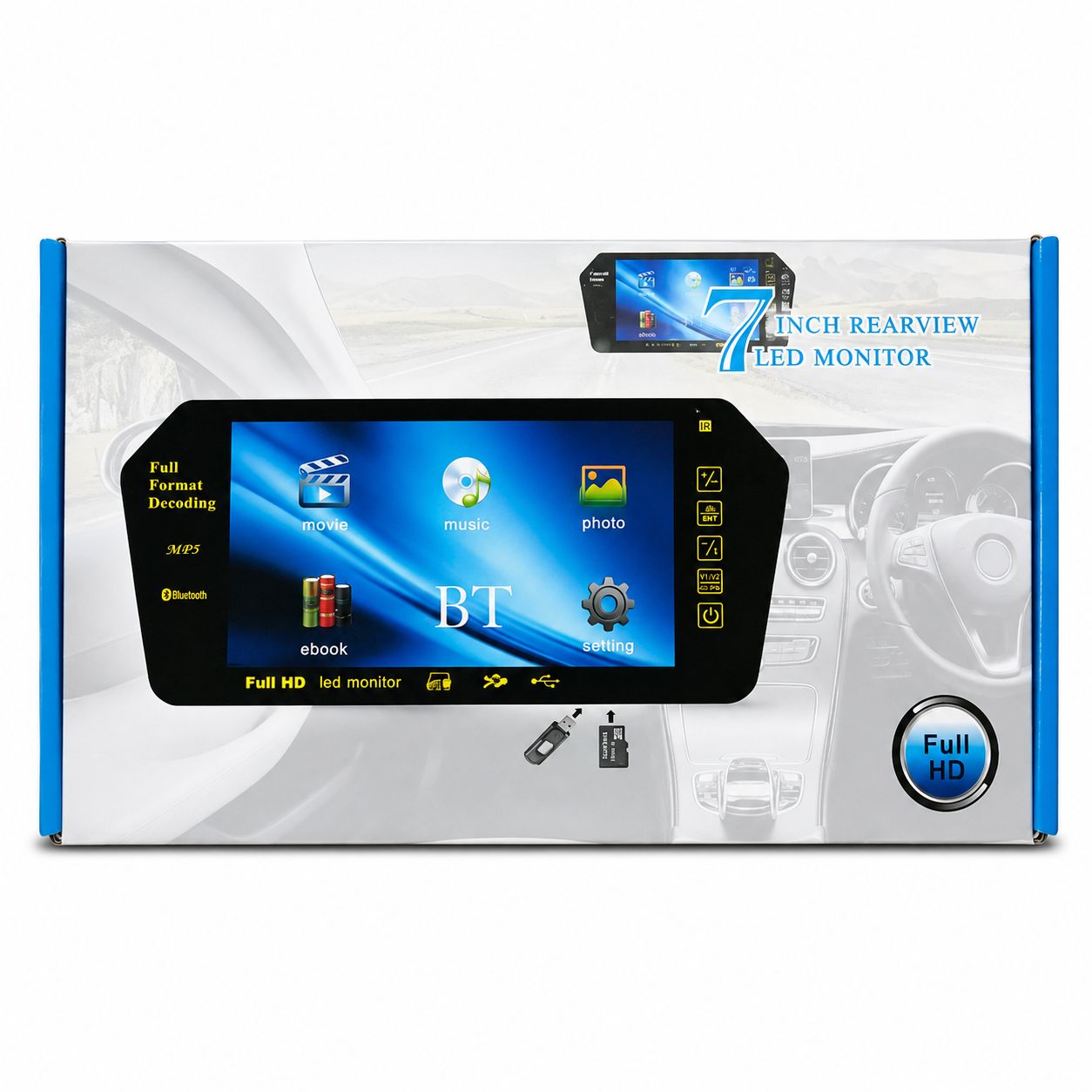 Автомобильное зеркало-монитор 7 дюймов Full HD с Bluetooth, черного цвета