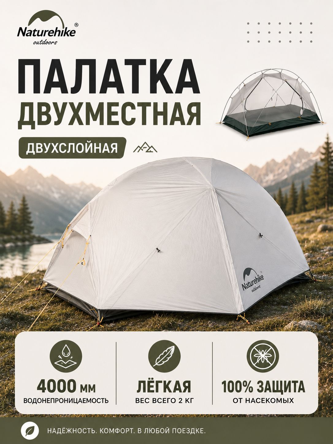 Палатка 2-х местная туристическая Naturehike Mongar 20, светло-серая