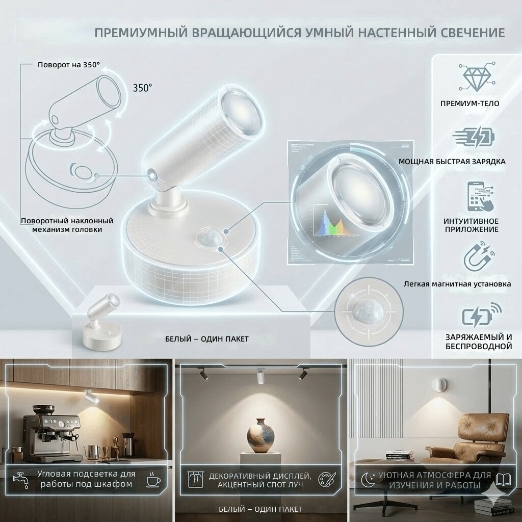 Беспроводной светодиодный светильник с поворотом на 350°, аккумуляторный, с регулировкой яркости и цветовой температуры, для подсветки коридоров, картин и растений, цвет белый
