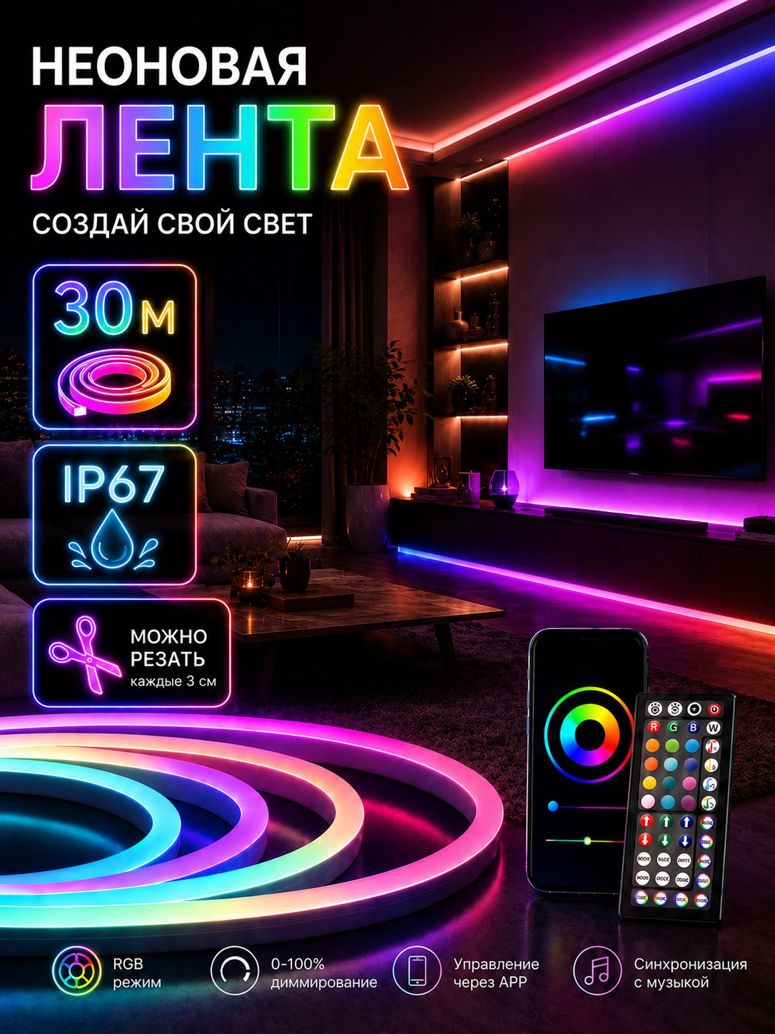 Светодидная лента 30м, Гибки разноцветный неон, подсветка для интерьра