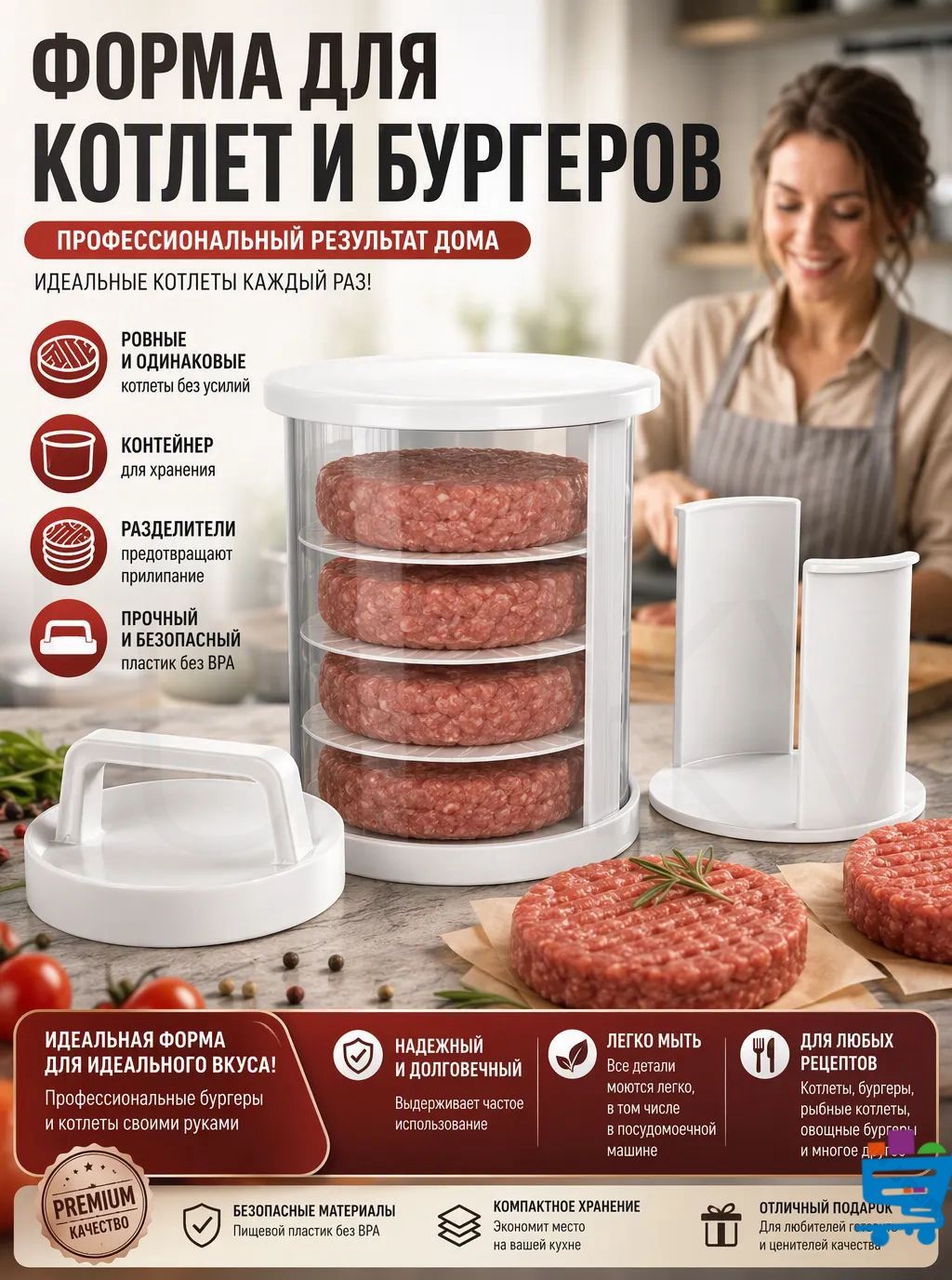 Пресс для бургера 10 см длина 30 см комплект из 4 предметов с контейнером и подставкой, Изготовлен из пищевого пластика ABS