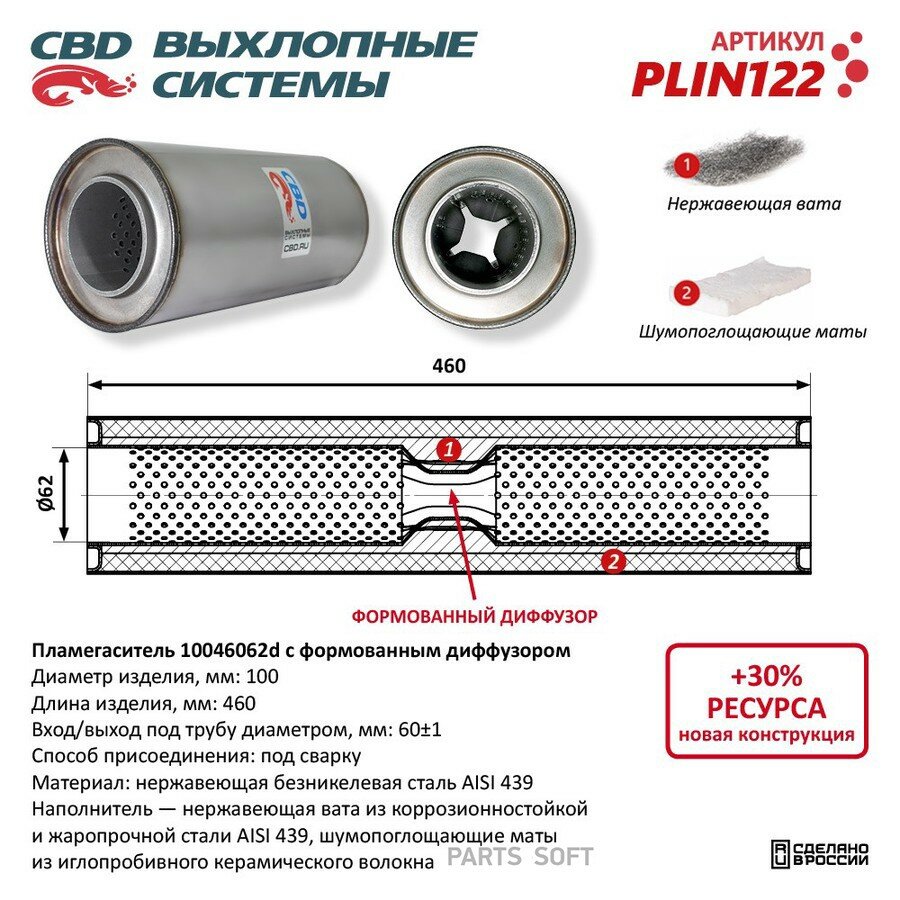Пламегаситель с перфорированным диффузором нерж. сталь 100 х 460 х 62 CBD PLIN122 | цена за 1 шт