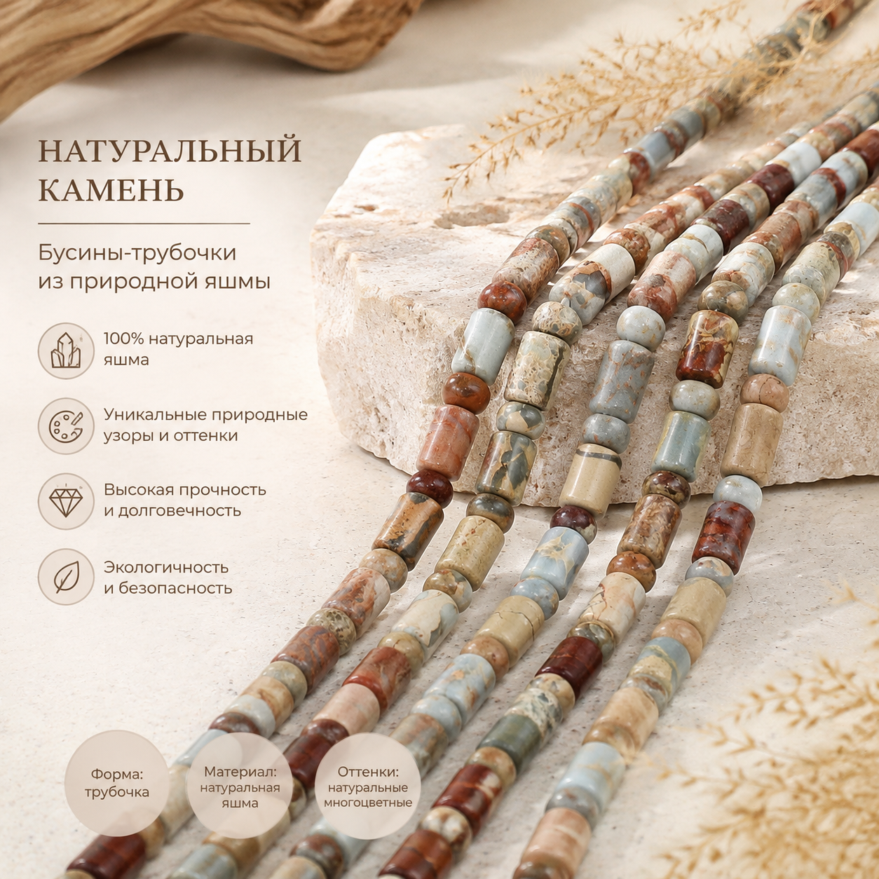 2 нити натуральных бусин из камня Шоушань, нити в виде колонн и ронделей.