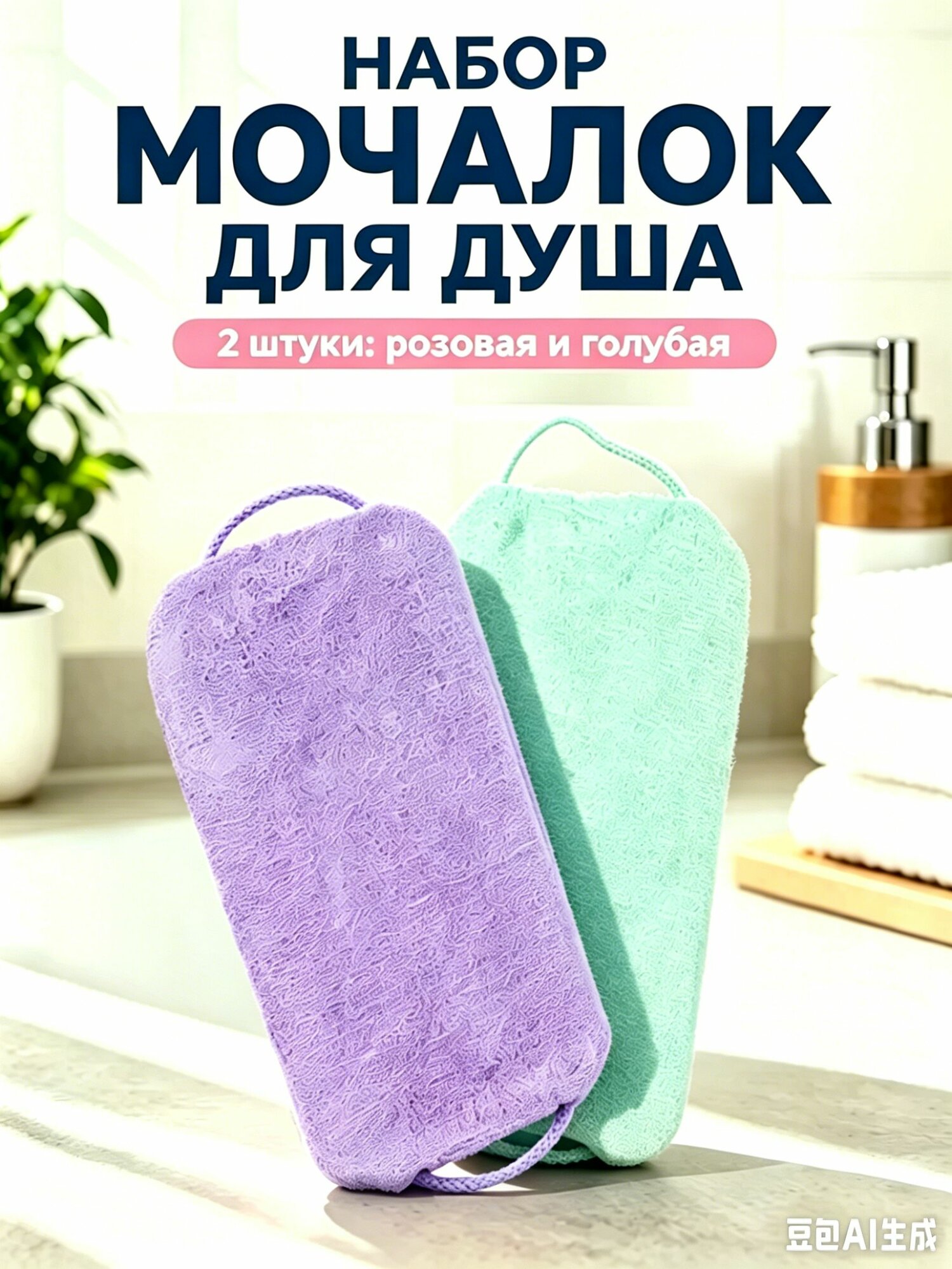 Мочалки для тела с ручками, Артикул: 5270665903, Цвет: Бирюзовый, сиреневый
