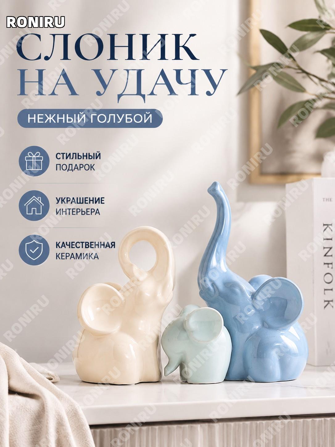 Фарфоровая фигурка слоника с большими ушами на удачу, нежная свежая цветовая гамма, однотонная глазурь, декор дома