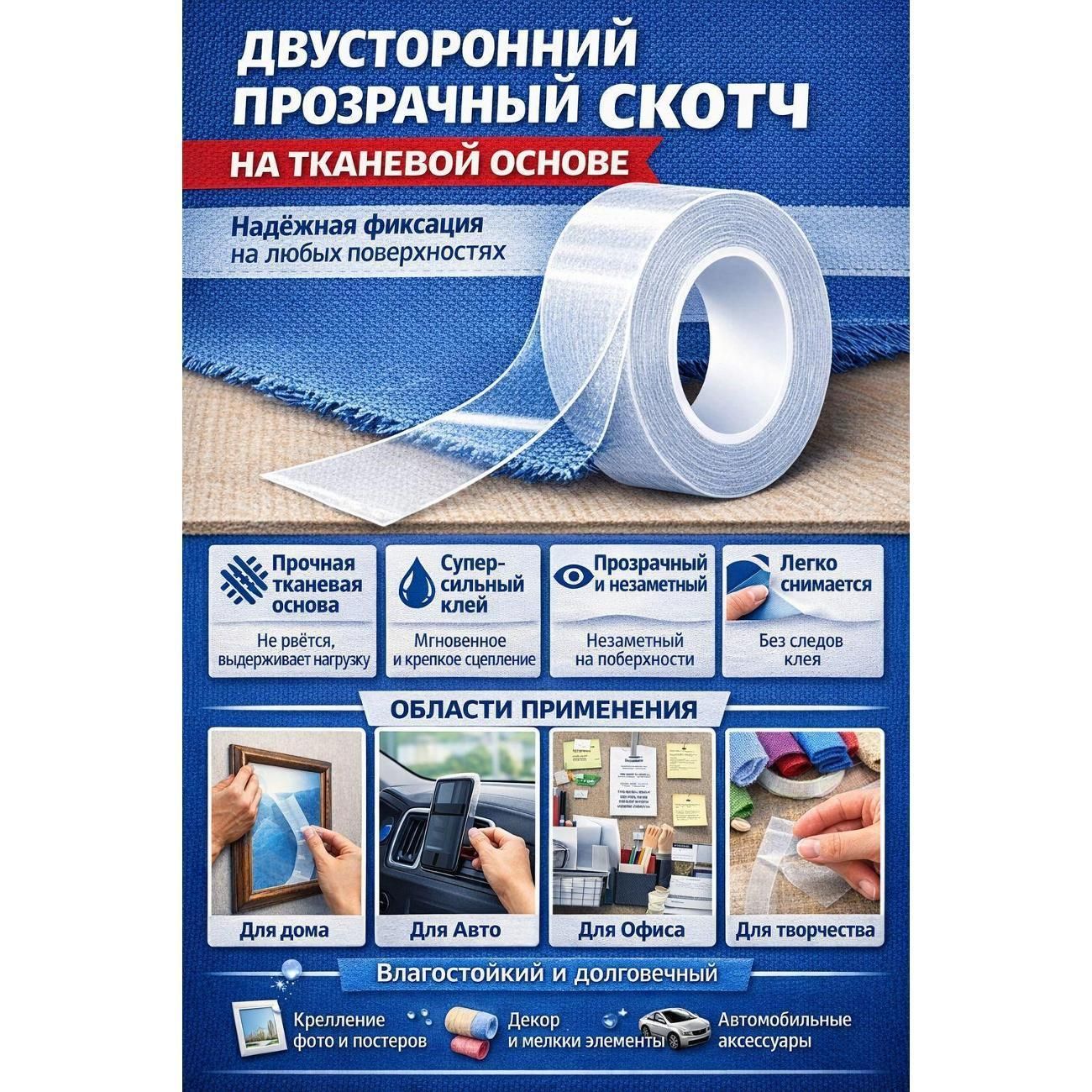 Клейкая лента Двусторонний скотч прозрачный тканевый усиленный, клейкая монтажная лента для крепления фото, постеров, декора, авто аксессуаров, без следов