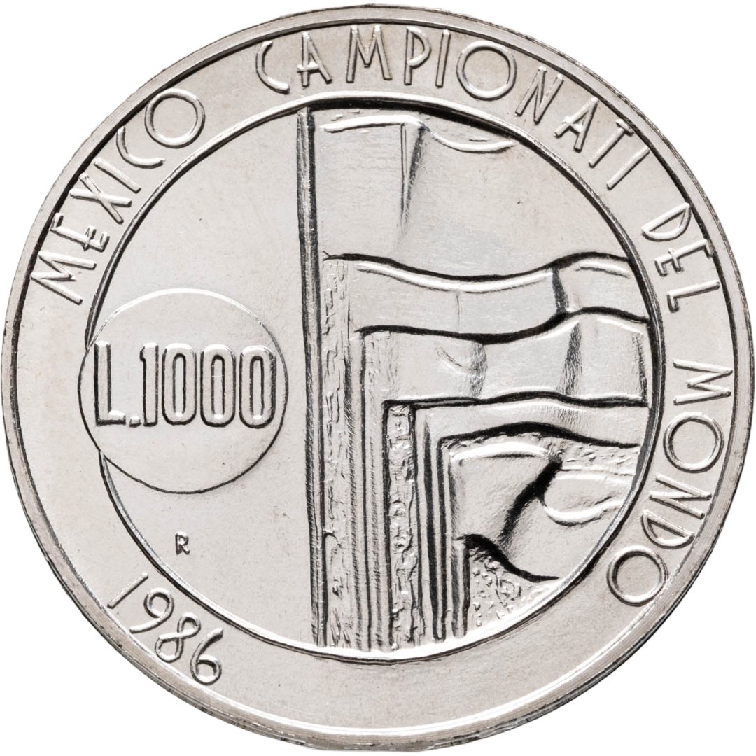 Сан-Марино 1000 лир lire 1986 "Чемпионат мира по футболу 1986", Серебро 835, в сохранности UNC