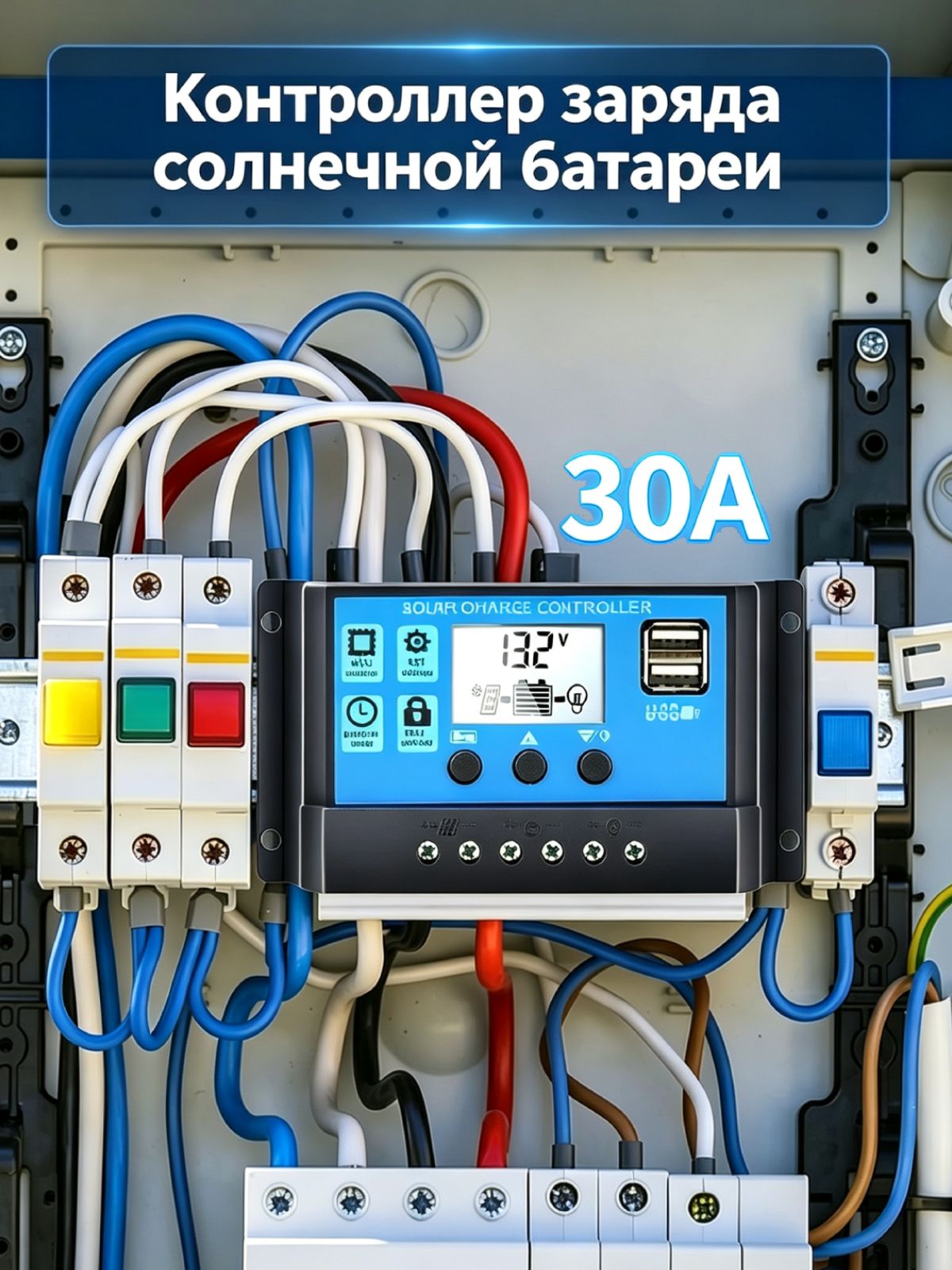 Солнечный контроллер заряда 12 В и 24 В, 30 А, с ЖК-дисплеем и двумя USB-выходами