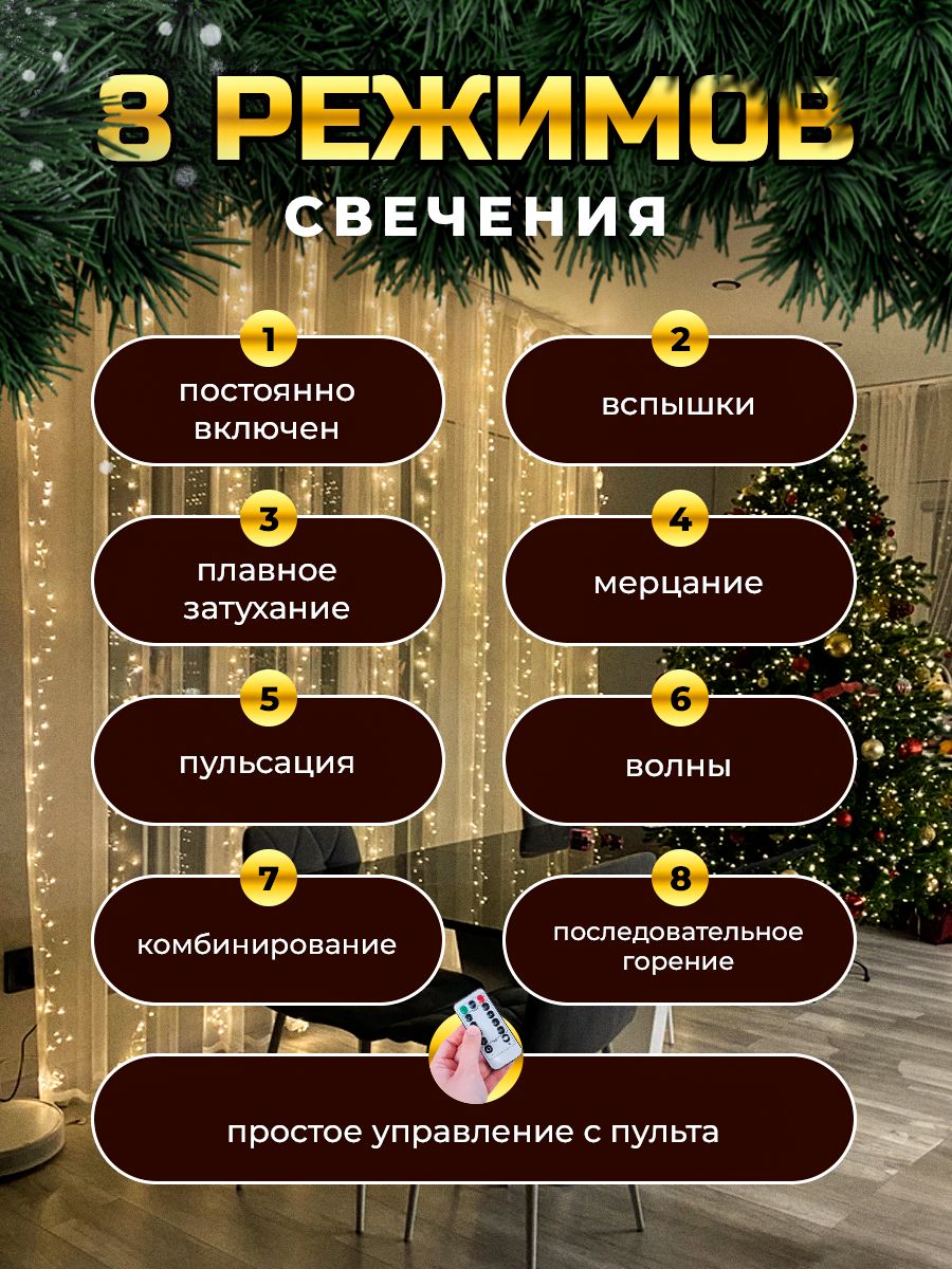 Гирлянда штора хвойная лапа мишура 3х2,5 GM3x25Y