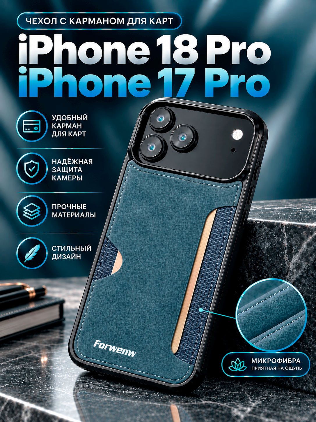 Чехол для Айфон 18 Про, Айфон 17 Про, iPhone 18 Pro, iPhone 17 Pro с карманом для карт, синий