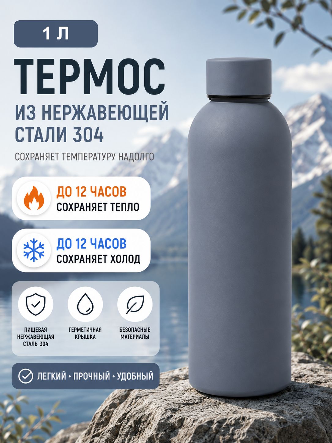 Термос 1 л, холод 12 ч, тепло 12 ч, для еды, ударопрочный корпус, отверстие для питья, серый