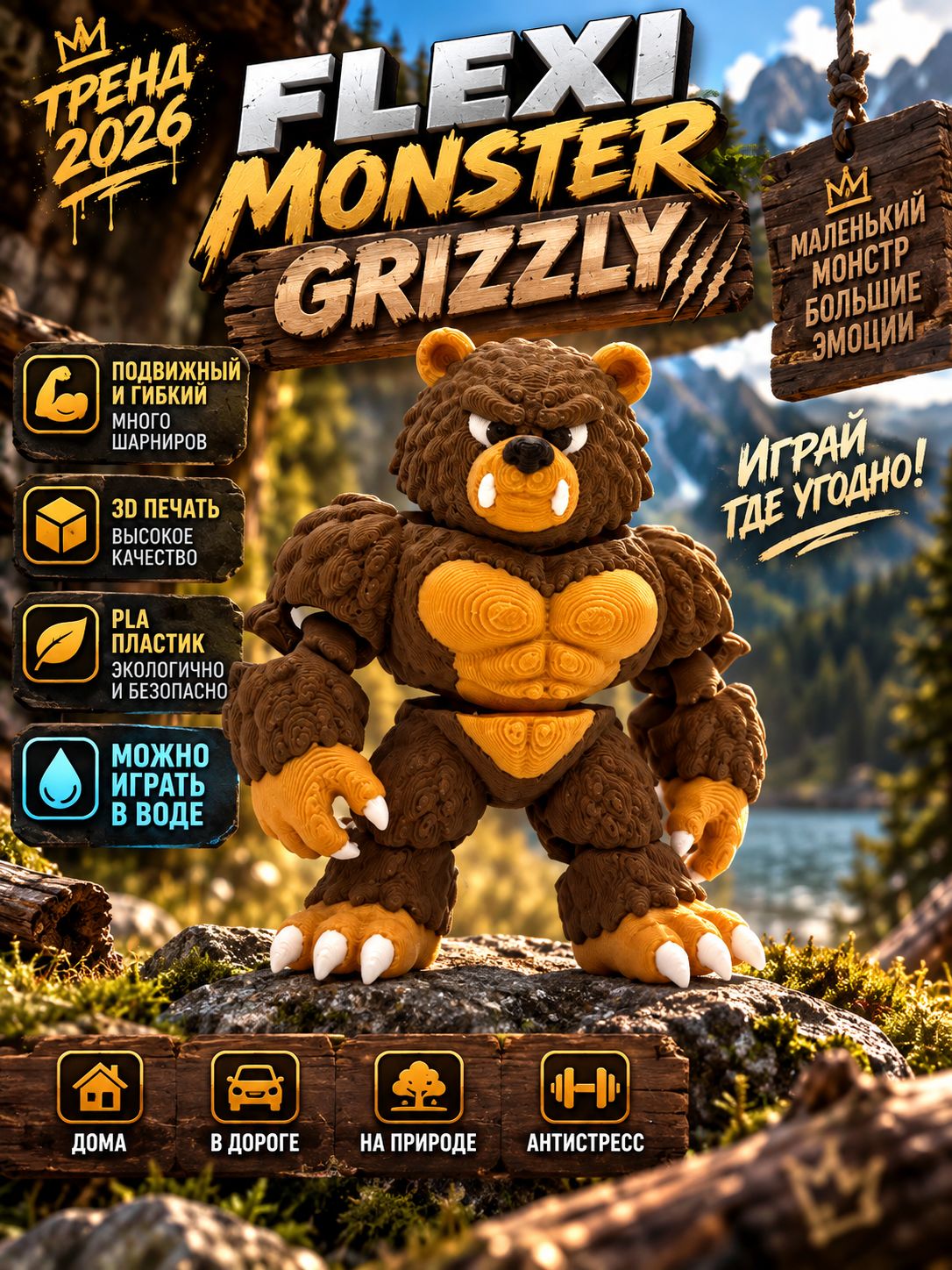 Флекси игрушка монстр GRIZZLY подвижная антистресс коллекционная