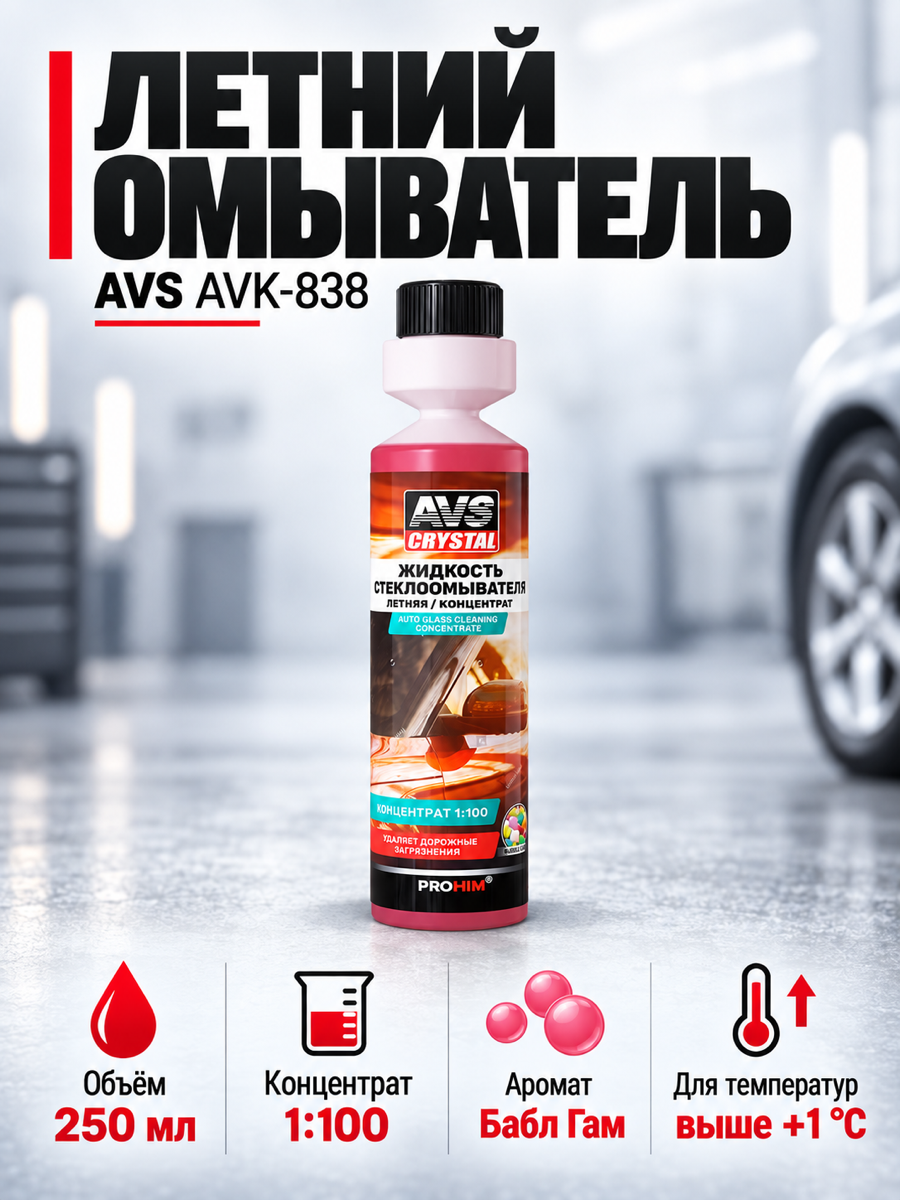 Средство для стеклоомывателя AVS AVK-838, 250 мл, аромат «Bubble gum»