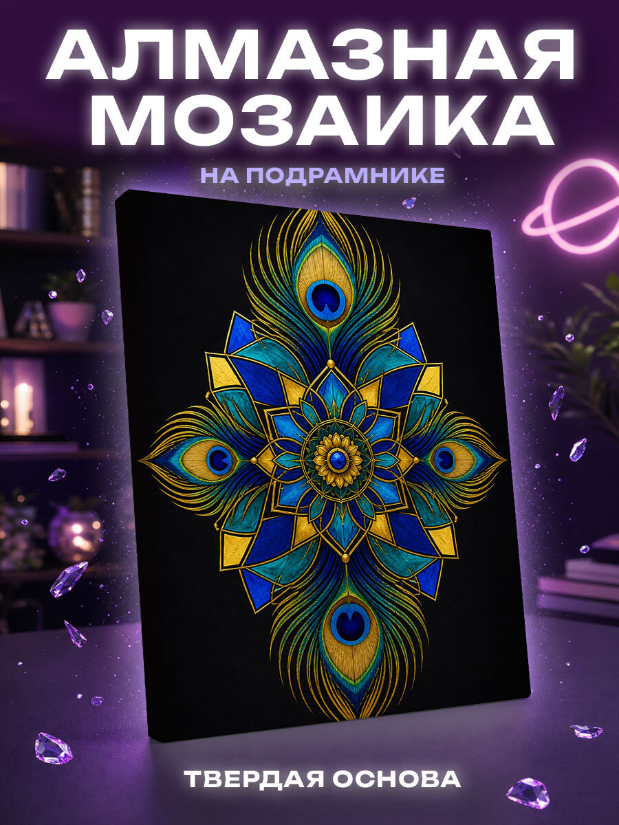 Алмазная мозаика Сияющая мандала павлиньих перьев