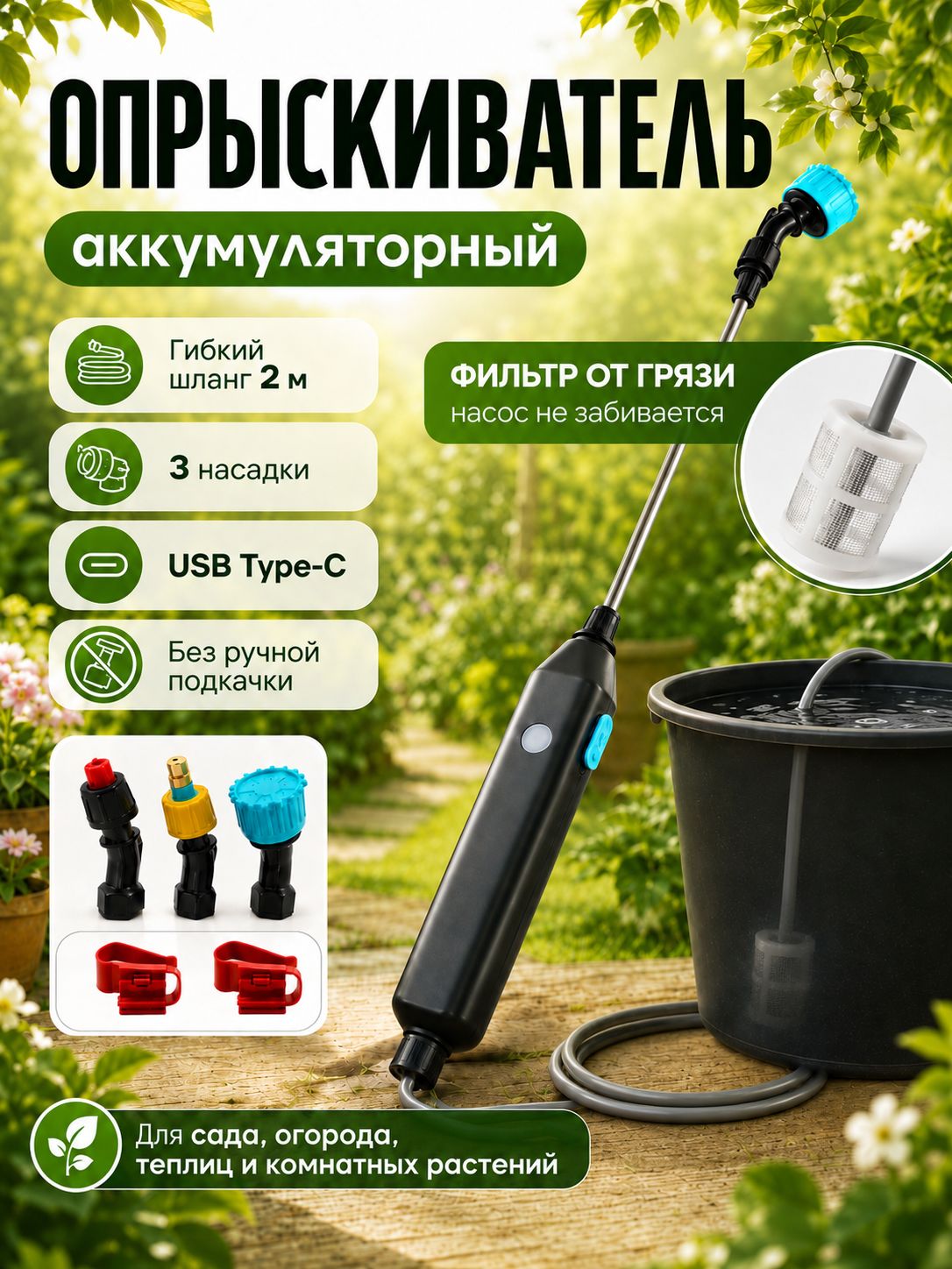 Опрыскиватель садовый аккумуляторный, трубка 2 метра