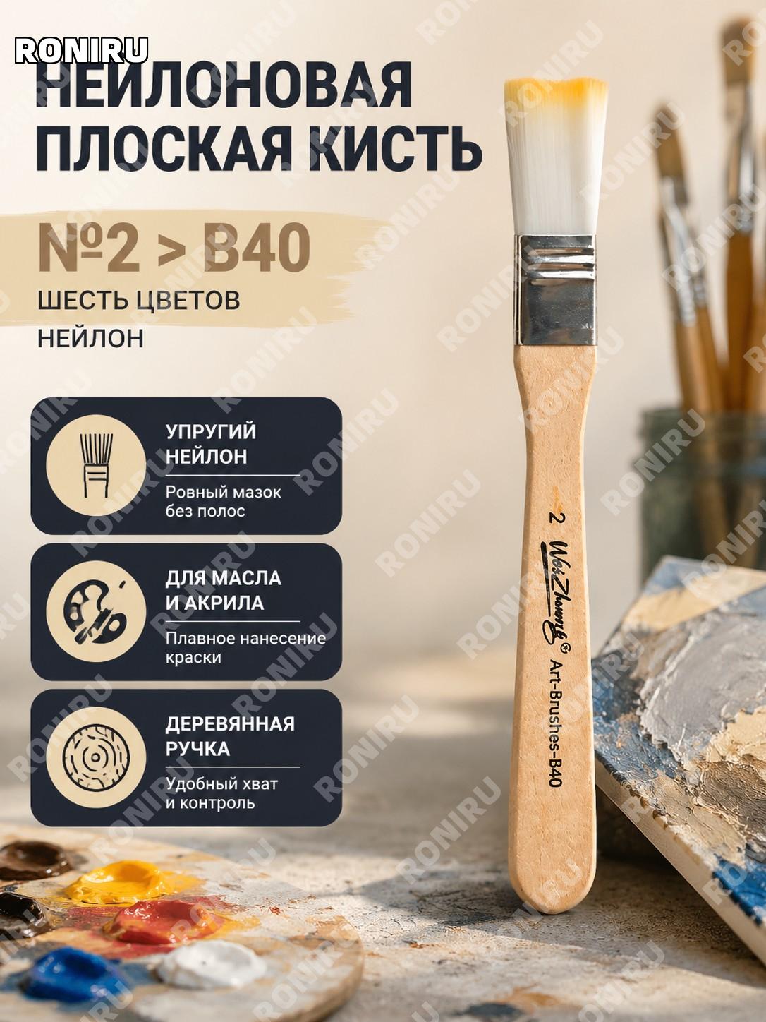 Нейлоновая плоская кисть B40 шестицветная модель 2, деревянная ручка, художественная для рисования и окраски дома