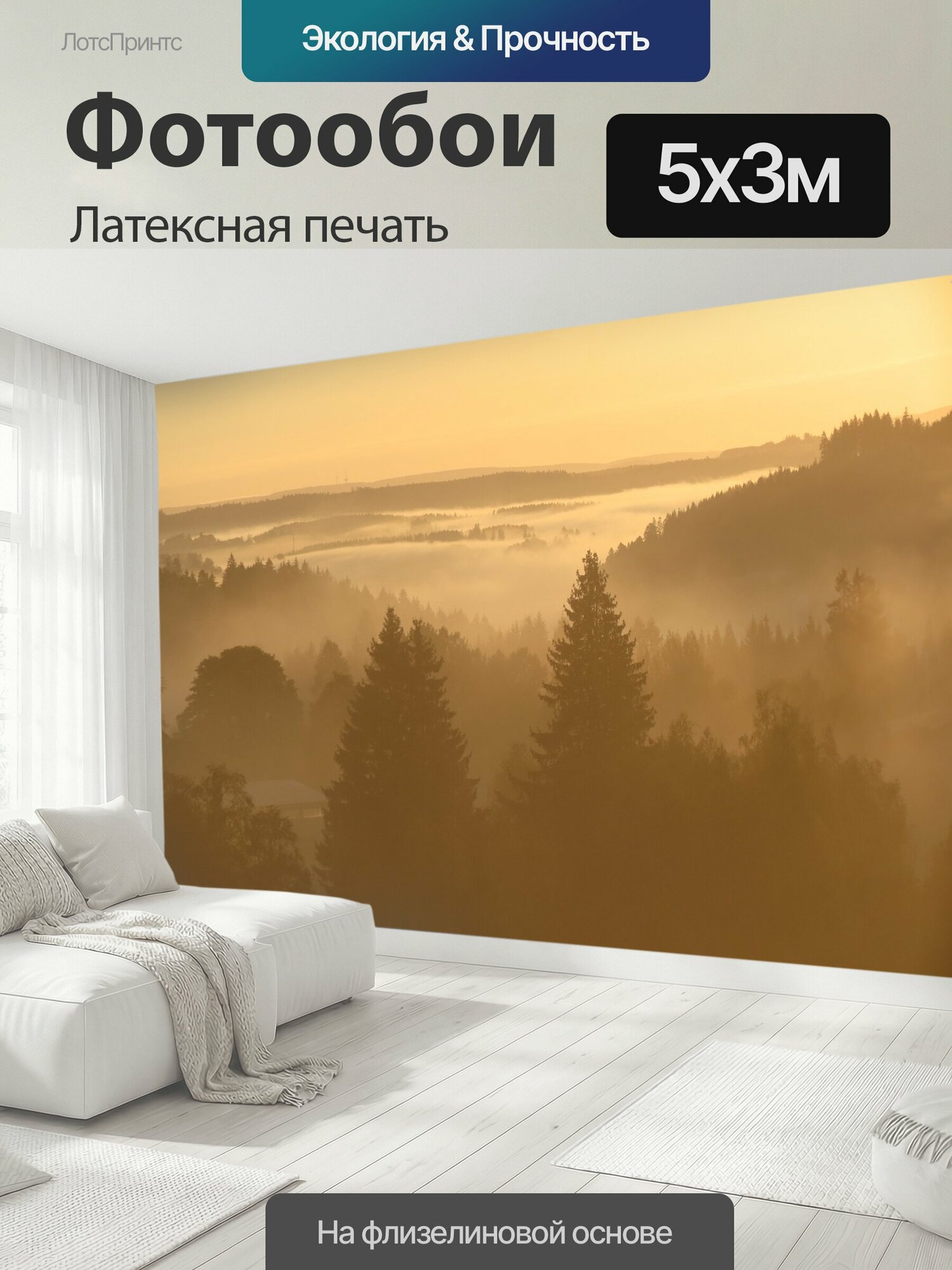 Фотообои моющиеся ударопрочные "Черный лес, утренний туман, пейзаж" 500x300 см. латексная печать