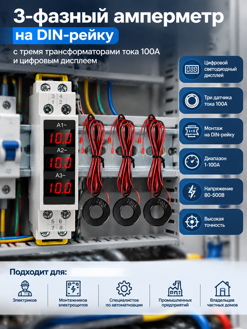 3-фазный амперметр на DIN-рейку с тремя трансформаторами тока 100А и цифровым дисплеем