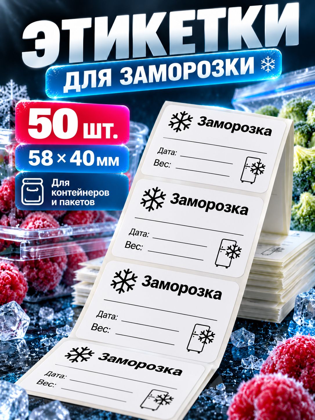 Наклейки для подписи заморозки на пакеты, этикетки самоклеящиеся для заморозки продуктов 58х40 мм 50 штук