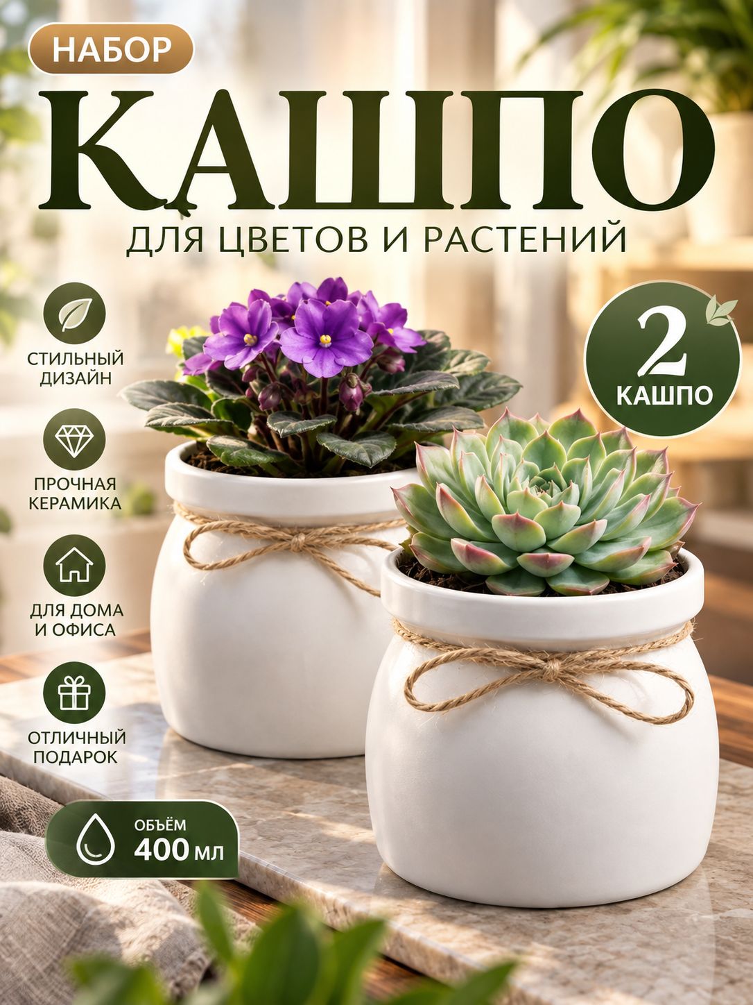 Кашпо 0.4 л, 8 см, 2 шт, цвет белый