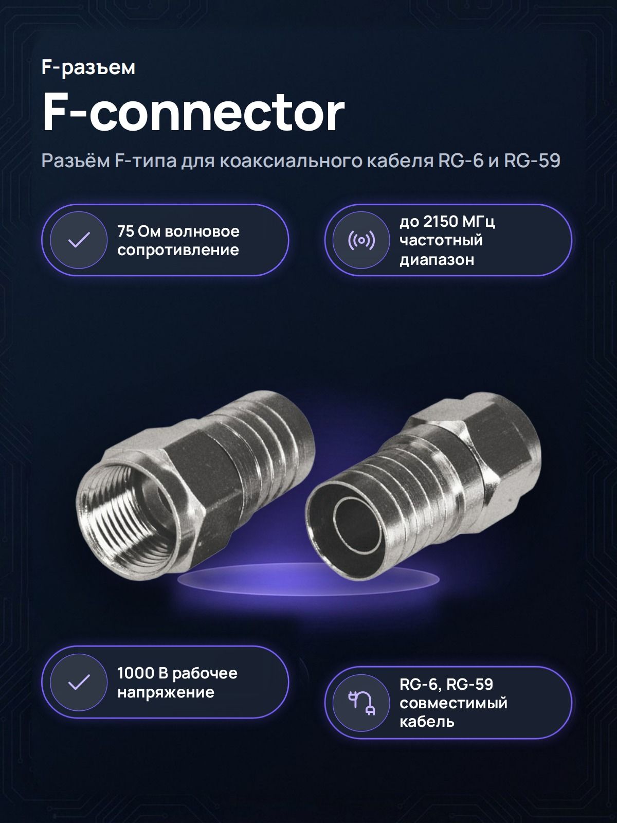 Коннектор F-разъем REXANT коаксиальный, 75 Ом, до 2150 МГц, для кабеля RG-6/RG-59