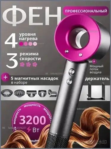 Фен для волос 2CLVO3_ob_166WYC 3500 Вт, скоростей 3, кол-во насадок 5, розовый, серый