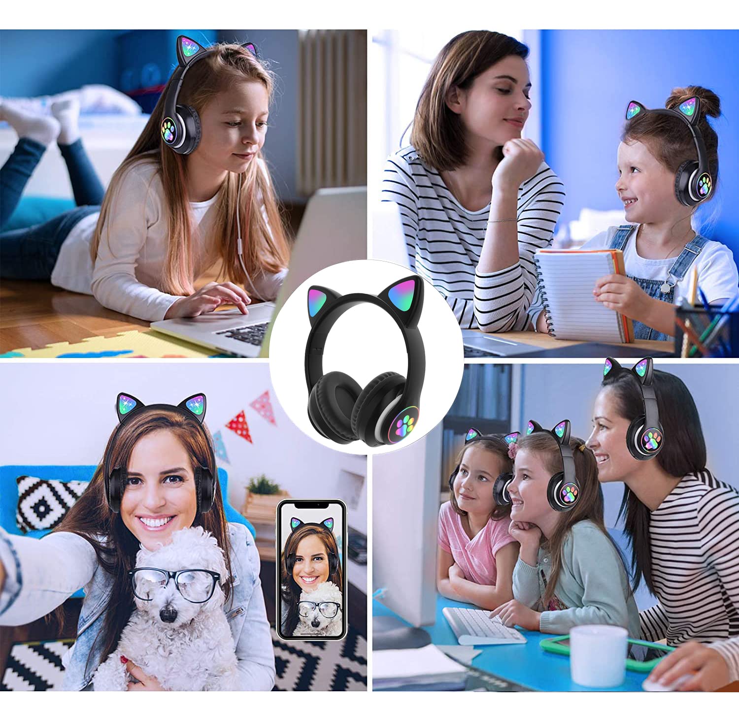 Беспроводные Bluetooth наушники наголовного типа с микрофоном в дизайне кошачьих ушей для детей, подростков и взрослых, цвет черный