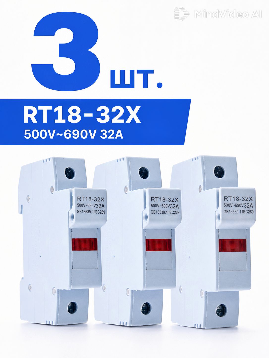Основание держателя предохранителя RT18-32X 32А на DIN-рейку 10x38 мм с LED индикацией