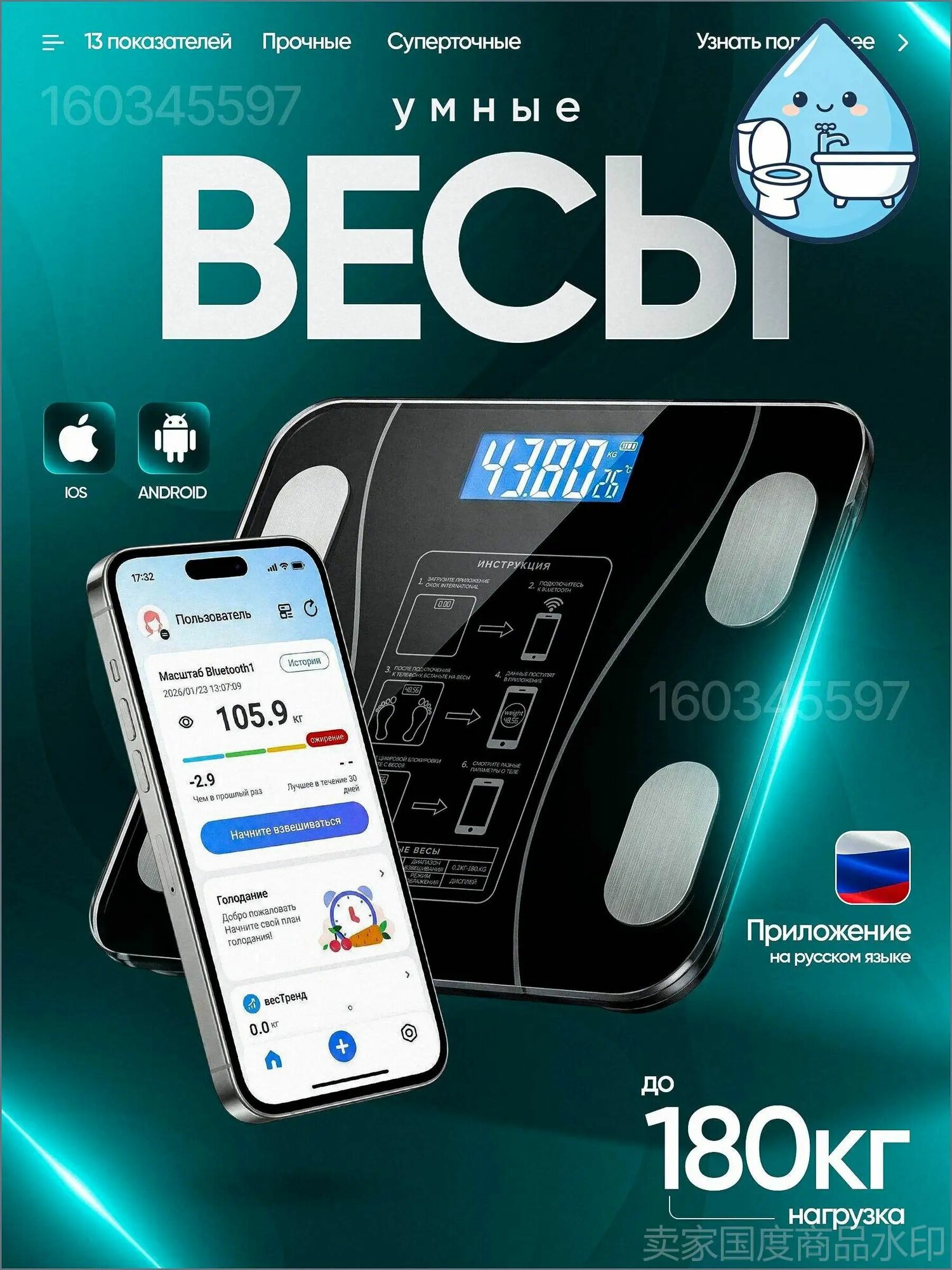 Напольные весы Весы напольные, нагрузка 180 кг, точность 200 г
