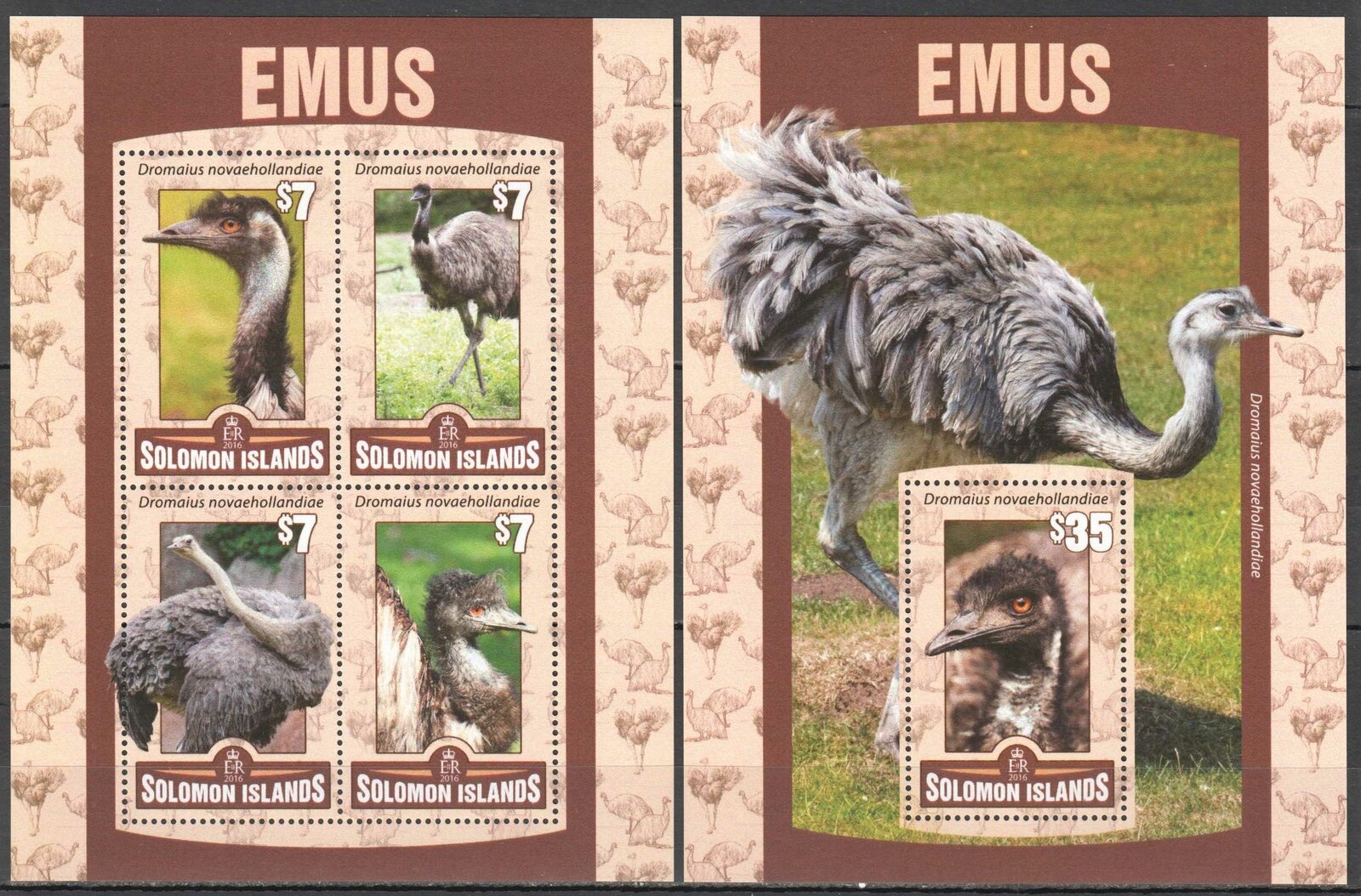Марки 2016 Соломоновы Острова Эму Птицы Фауна #1556-60+Бл1319 MNH