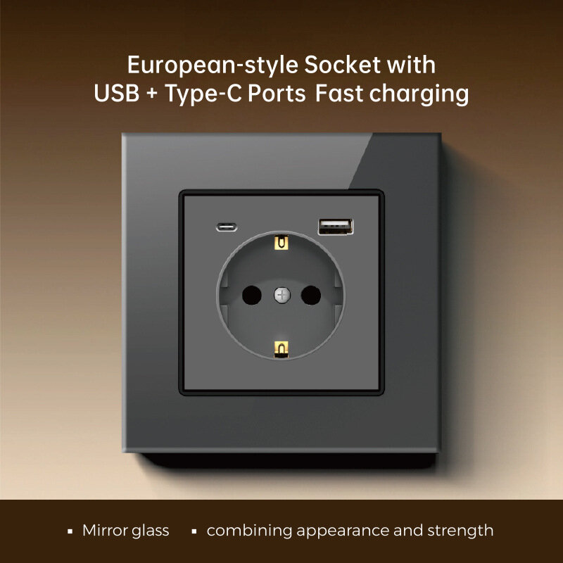 Серая стеклянная панель немецкая розетка Schuko с USB Type A и C 16A многофункциональная 86мм отель