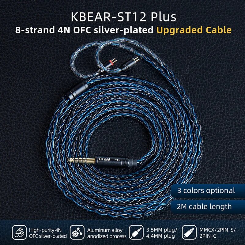 KBEAR ST12 Plus 2-метровый аудиокабель для наушников 2PIN 3.5 Black Blue