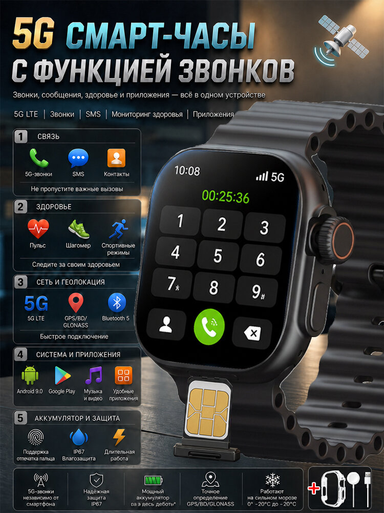 KENPANG Смарт-часы Смарт часы 5G, Android 9.0, SIM карта, Память большой емкости AMOLED 2.06", GPS ГЛОНАСС Бейдоу, Wi Fi 5 ГГц, звонки и СМС, мониторинг пульса, IP67, дл