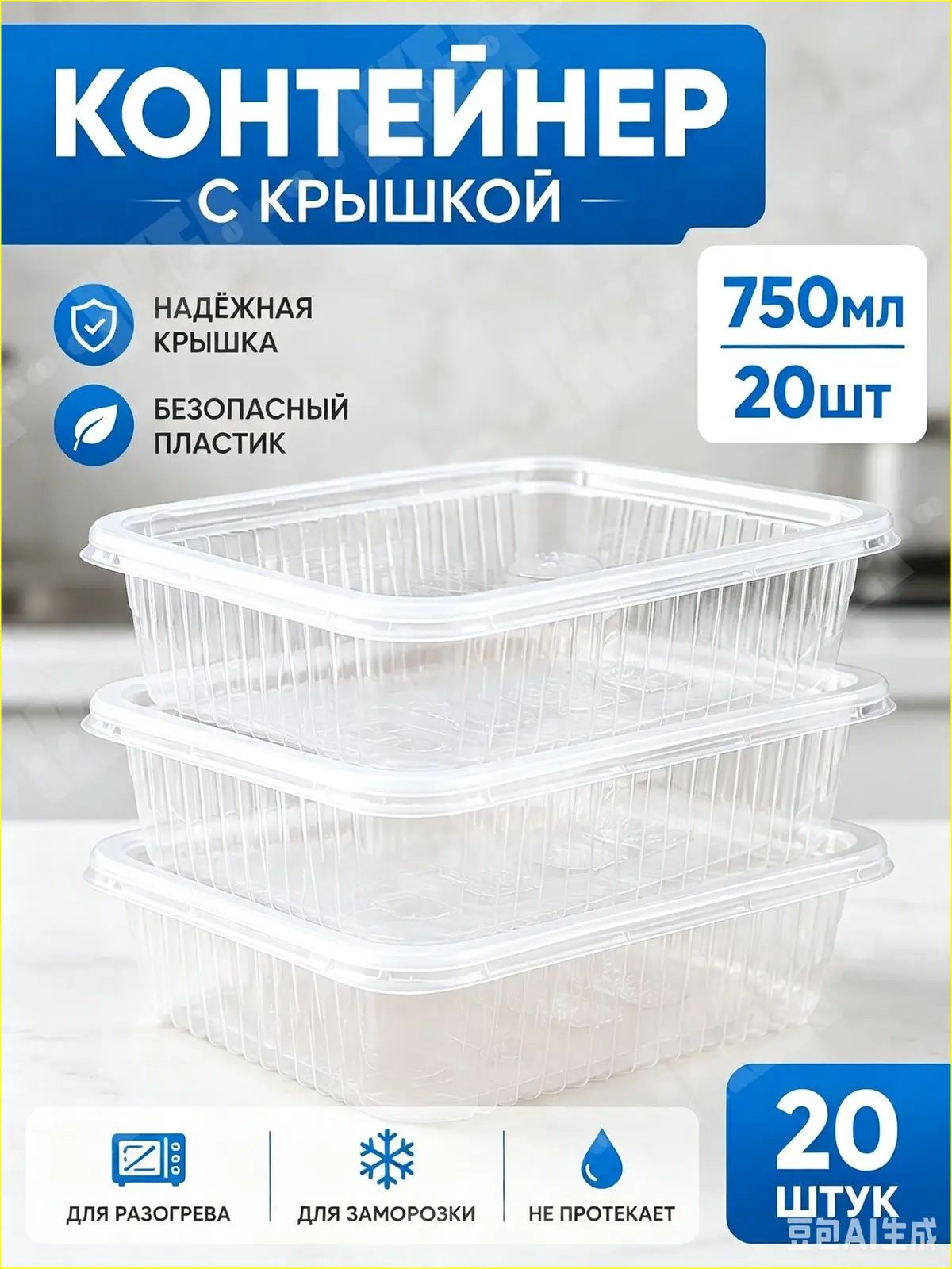 Одноразовые контейнеры без крышки, объёмом 750мл, 20штук, предназначены для хранения съедобных и замороженных ягод, изготовлены из пластика.